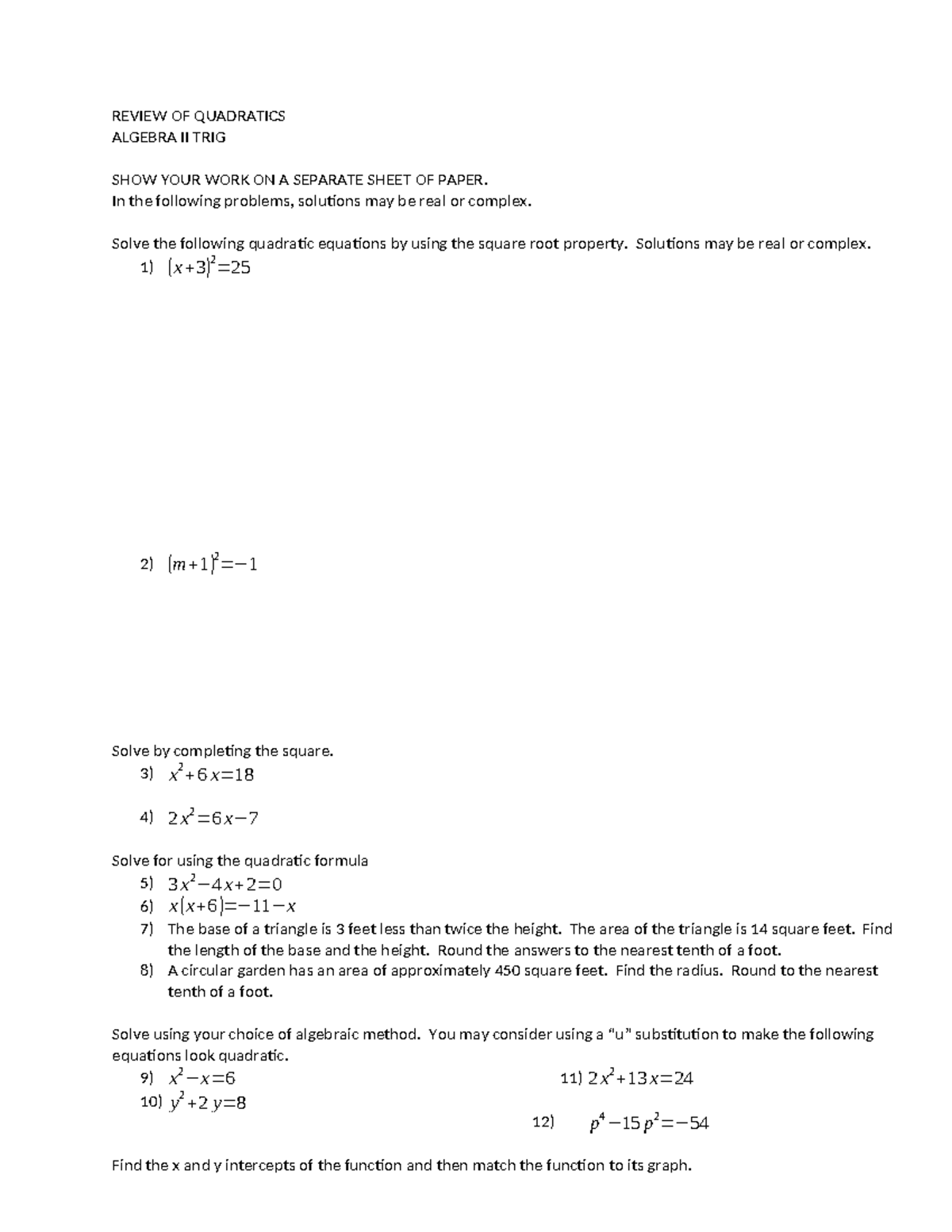 REVIEW WORKSHEET #2: QUADRATICS ALGEBRA II TRIG - Studocu