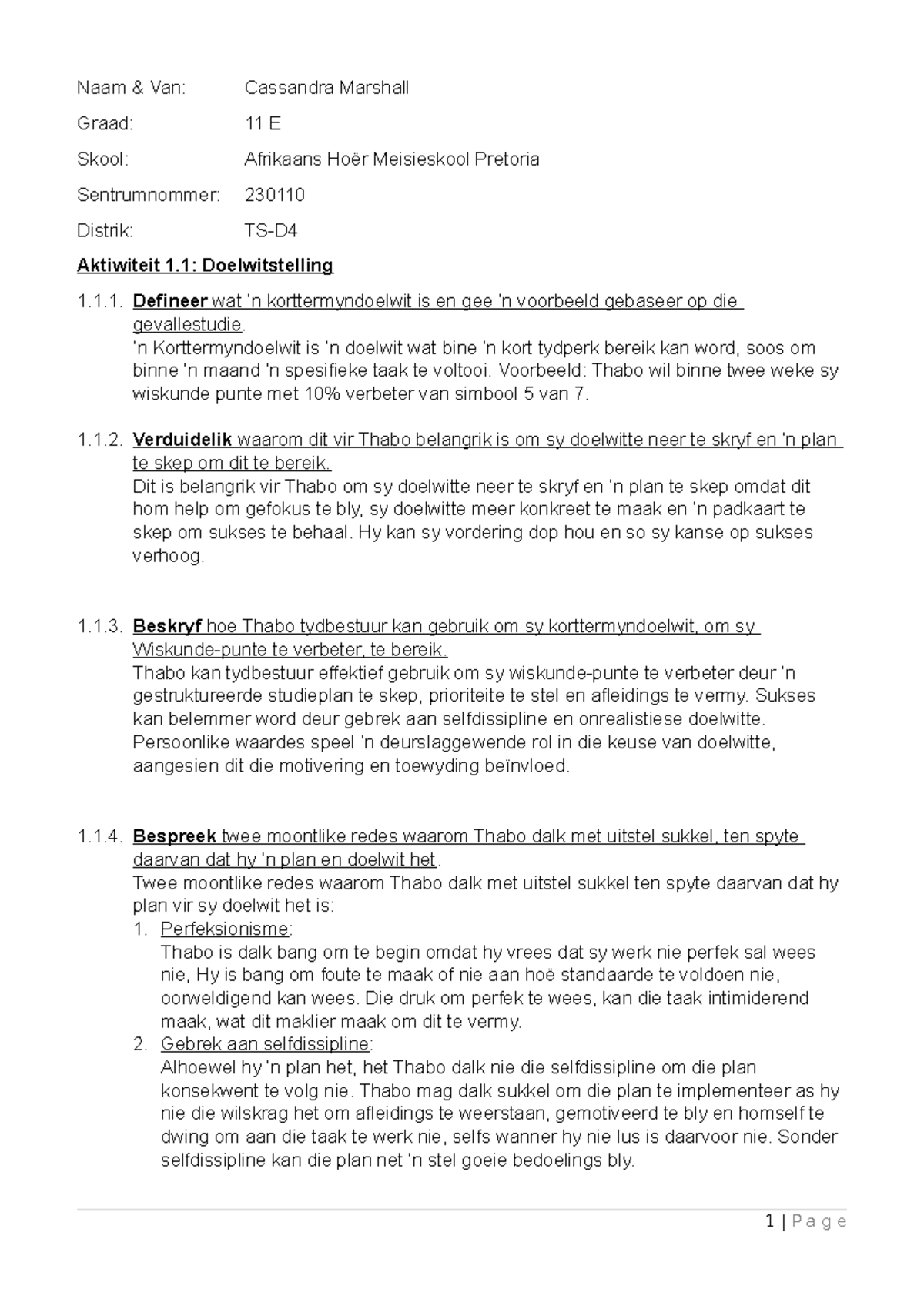 Graad 11 - Doelwitstelling en Loopbane: 'n Volledige Gids - Studocu