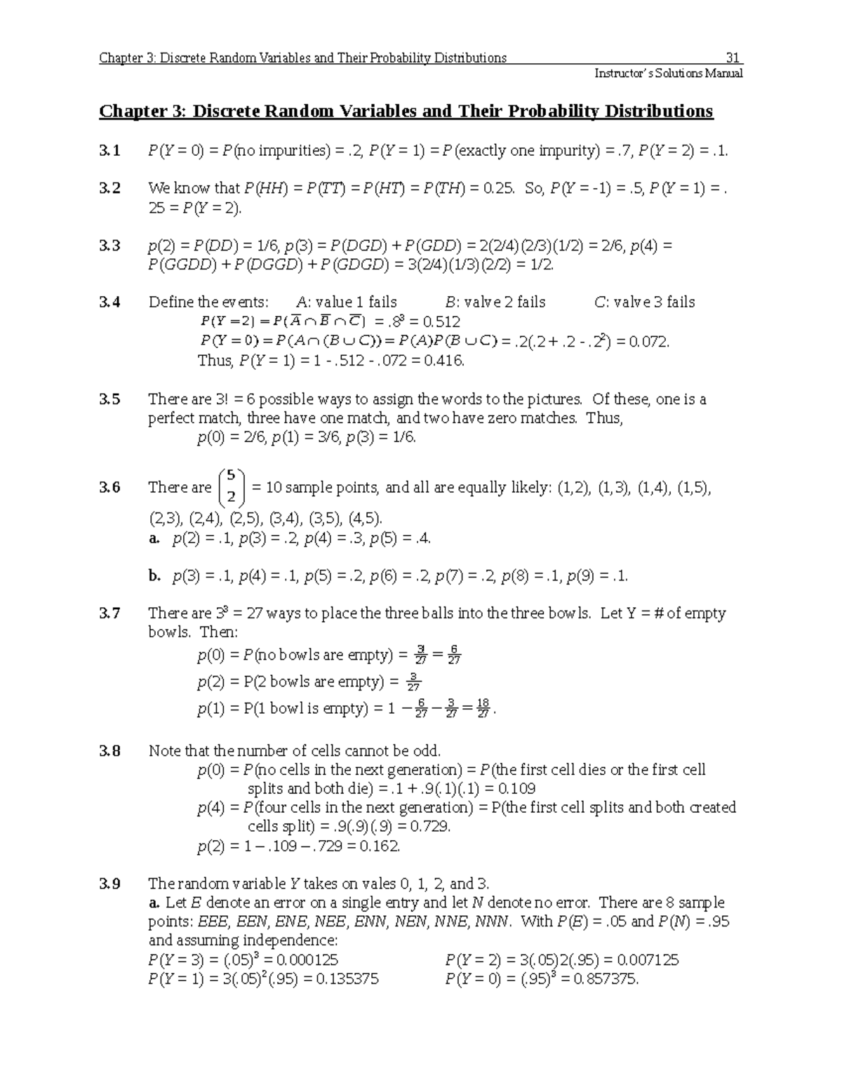 Chapter 3 Solutions Manual: Discrete Random Variables & Probability ...