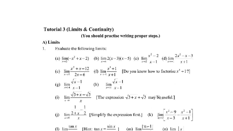 CMA6114 Tutorial 3: Limits and Continuity Practice Exercises - Studocu