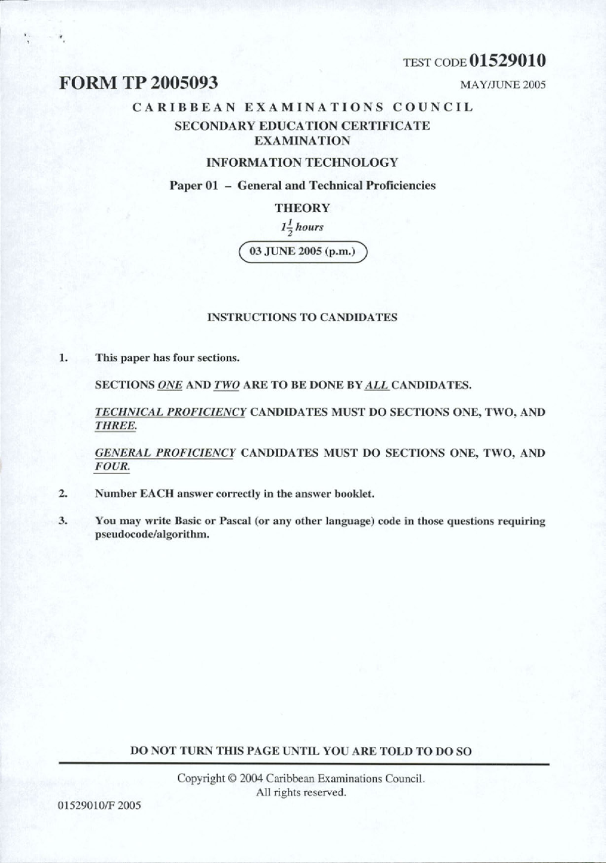 CSEC IT Paper 01 Exam 2005 - General & Technical Proficiencies - Studocu