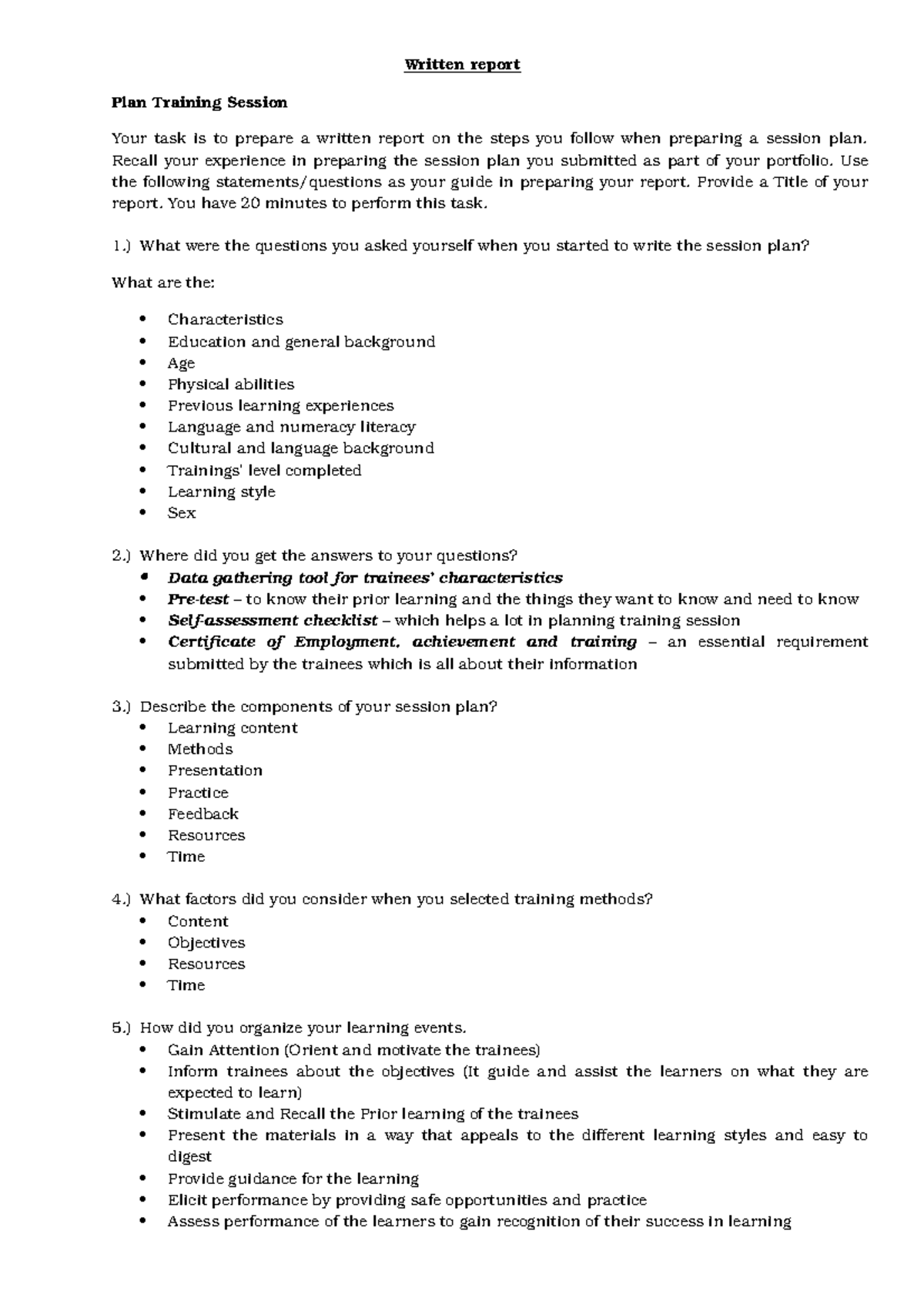 Written TEST Answer KEY in Trainer's Methodology - Written report Plan ...