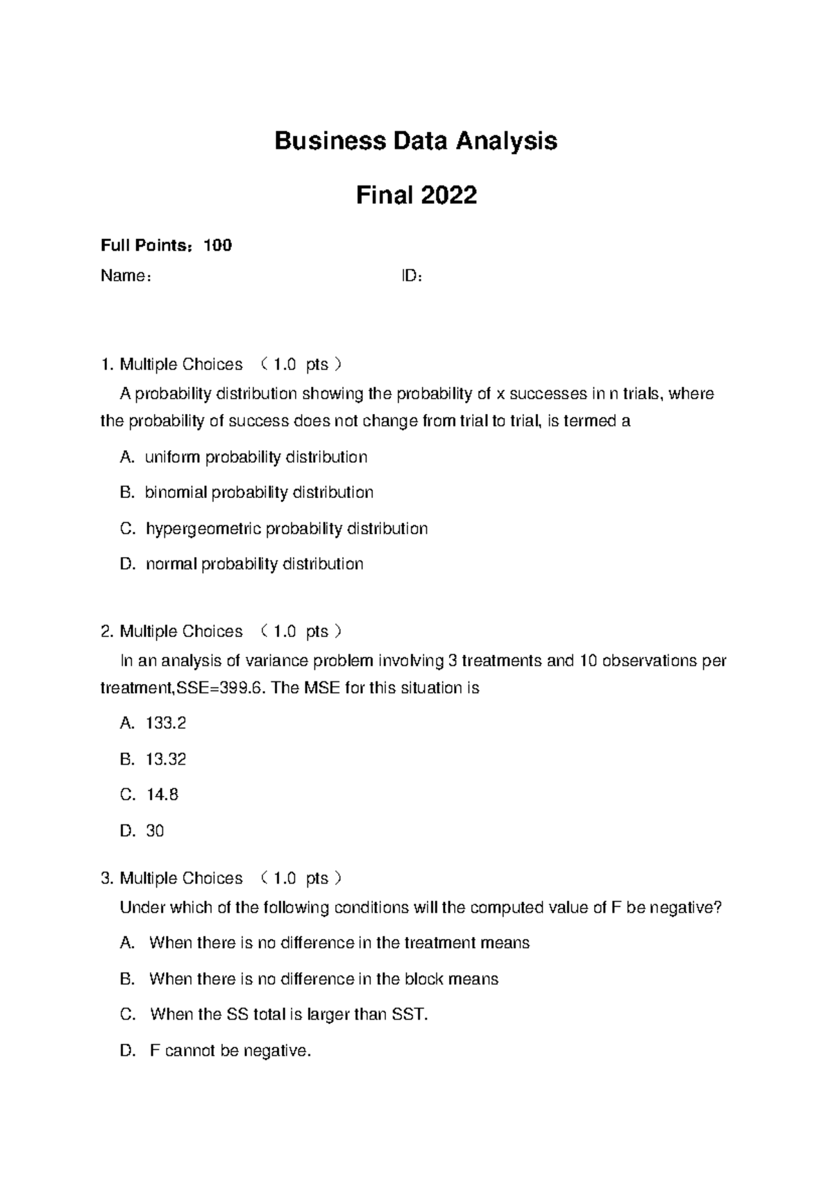 Business Data Analysis Final Exam 2022: Multiple Choice Questions - Studocu