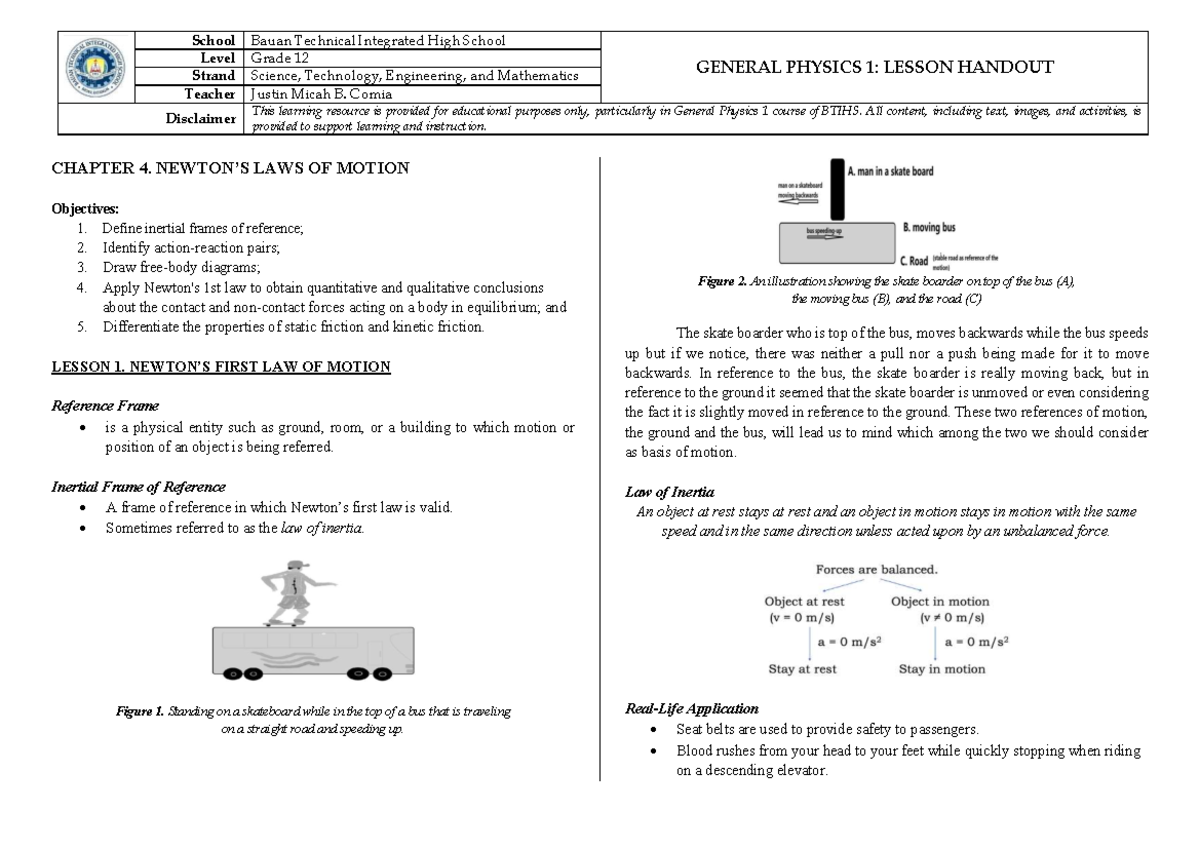 GENERAL PHYSICS 1: LESSON HANDOUT ON NEWTON'S LAWS OF MOTION (BTIHS ...
