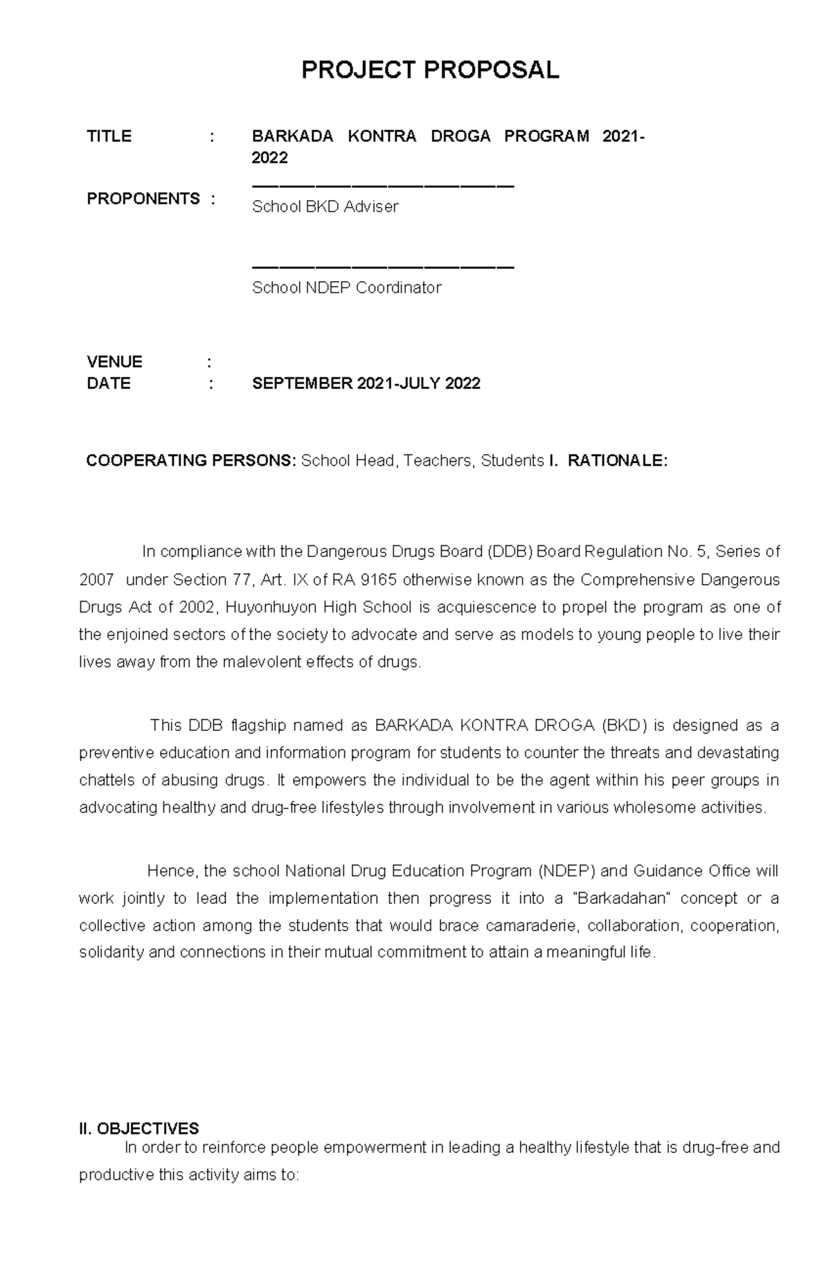 Barkada Kontra Droga (BKD) Project Proposal 2021-2022 - Studocu