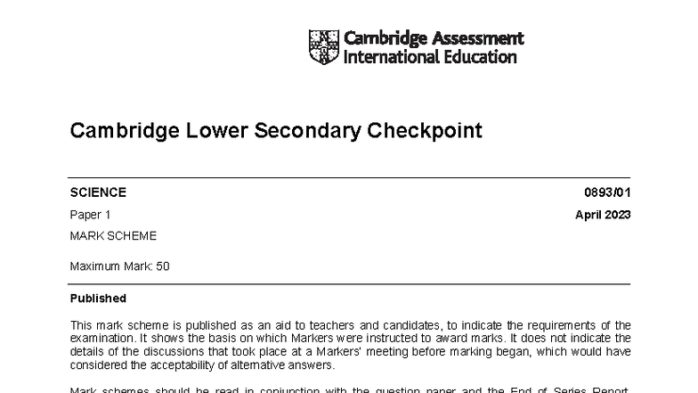 Cambridge Lower Secondary Checkpoint SCIENCE Paper 1 Mark Scheme ...