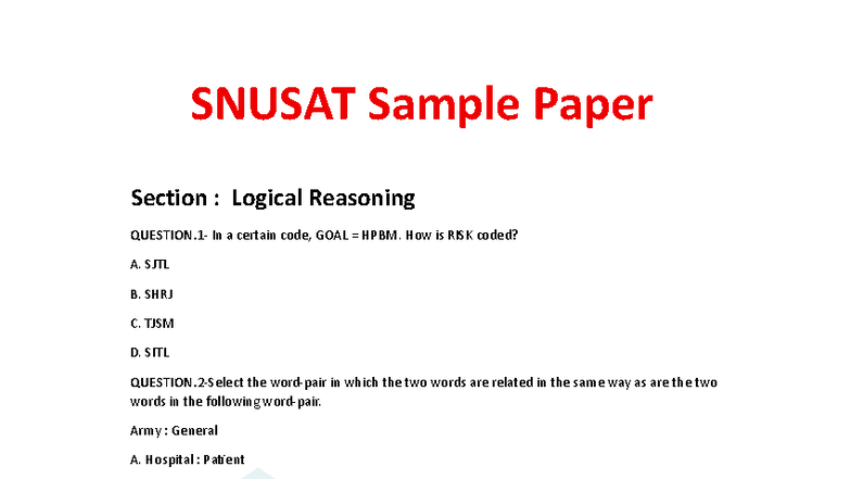 SNUSAT Sample Paper: Logical Reasoning & Quantitative Aptitude - Studocu
