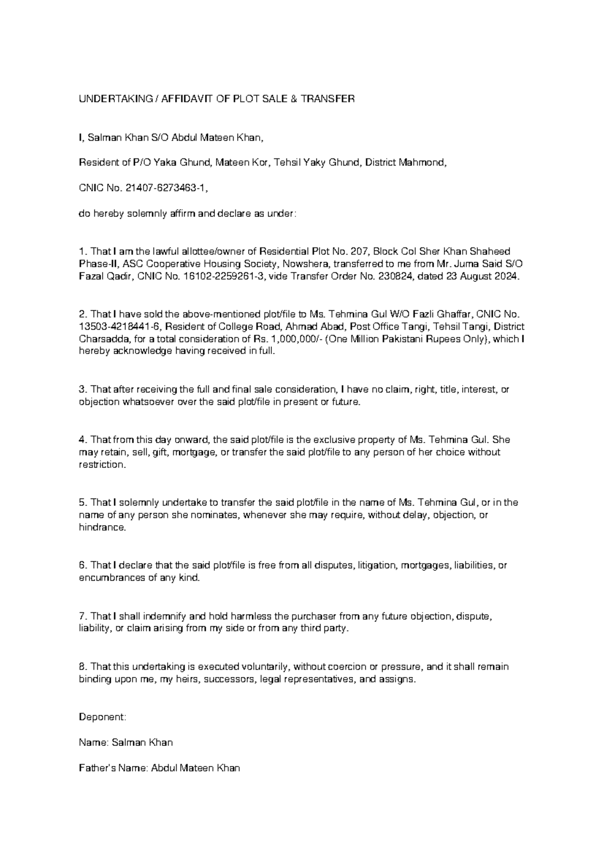 Undertaking Affidavit for Plot Sale Transfer - Legal Document - Studocu