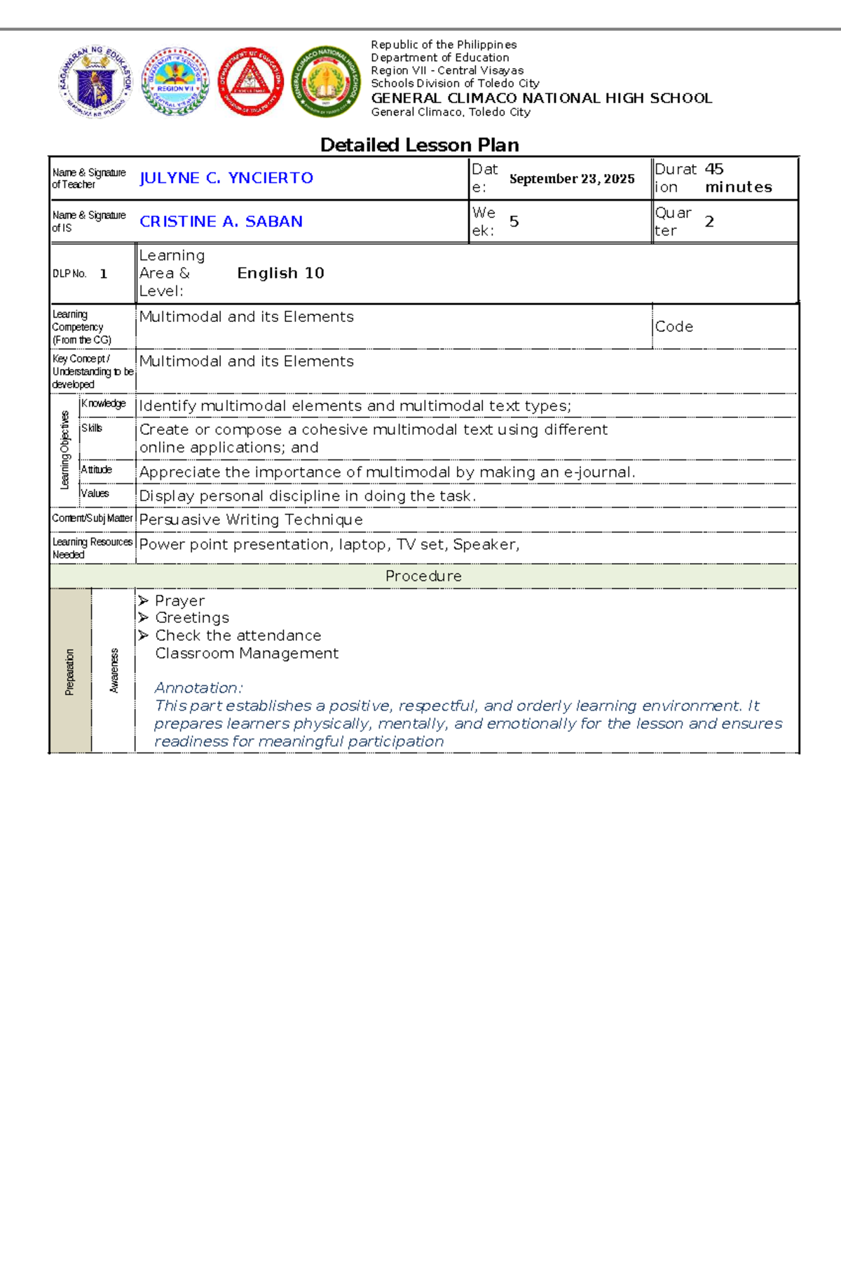 DLP for COT2: English 10 Multimodal Elements Lesson Plan - Studocu