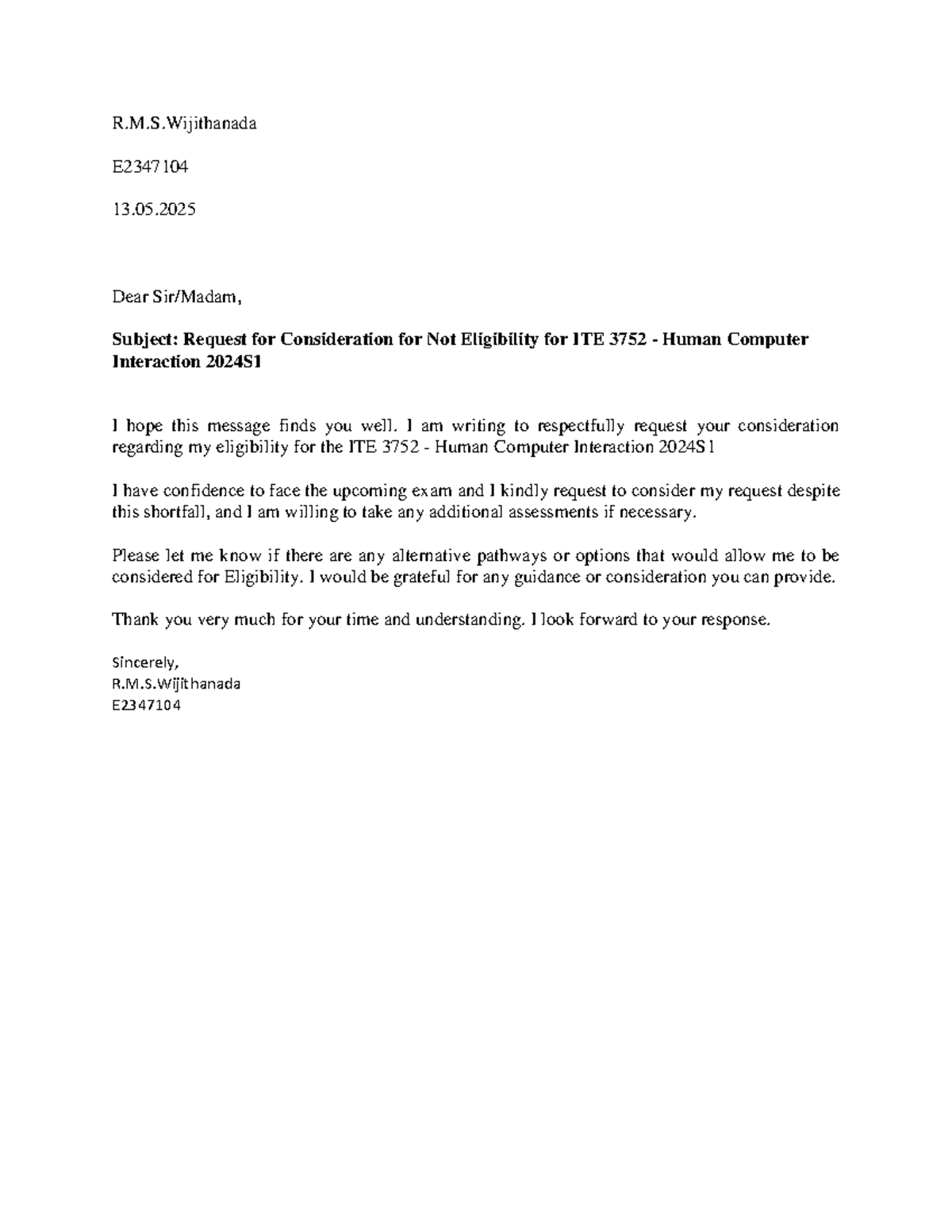Request for Consideration for ITE 3752 HCI Eligibility - Studocu
