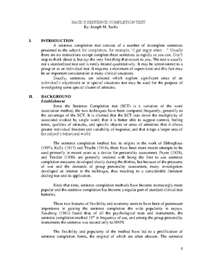 Sacks Sentence Completion Test SSCT Interpretation 1 - SACK’S SENTENCE ...