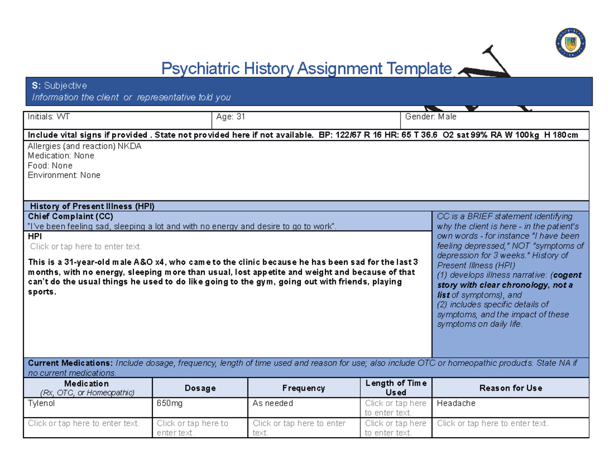 NR 548 Psychiatric History Assignment: Clinical Case Study Analysis ...