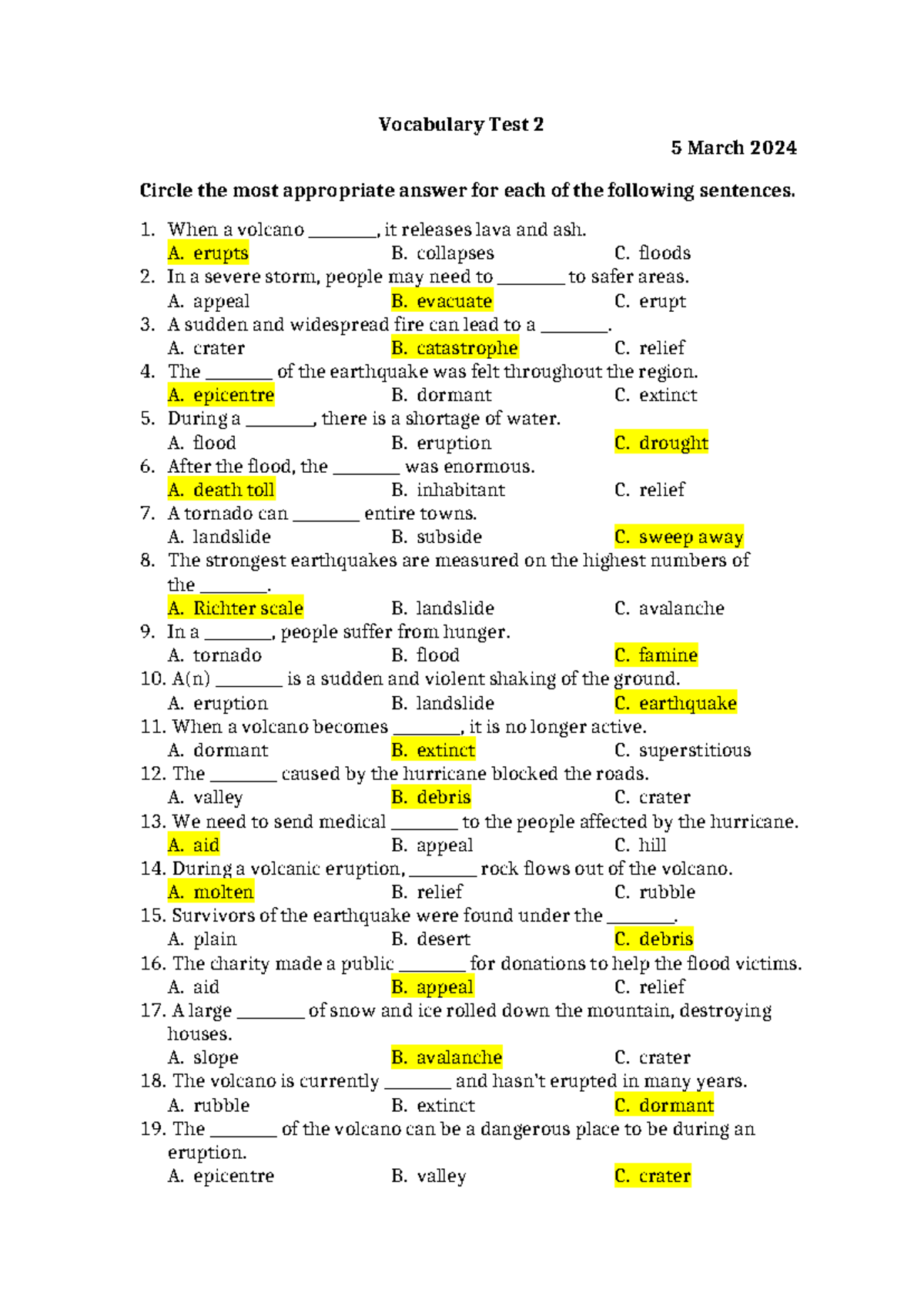 8A1 - 5.3 - Vocabulary Test 2: Multiple Choice Questions - Studocu