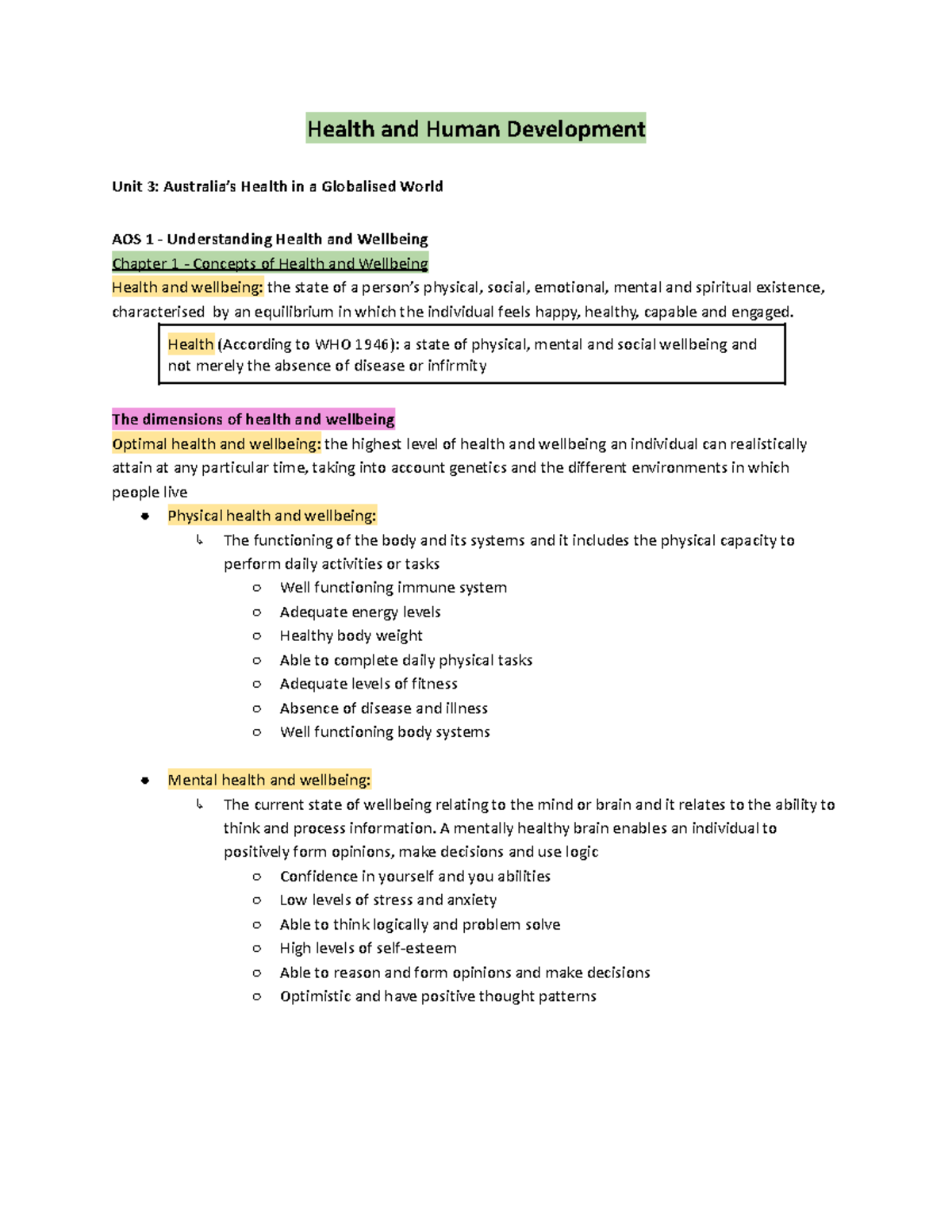 Unit 3&4 Health and Human Development: Concepts of Health and Wellbeing ...