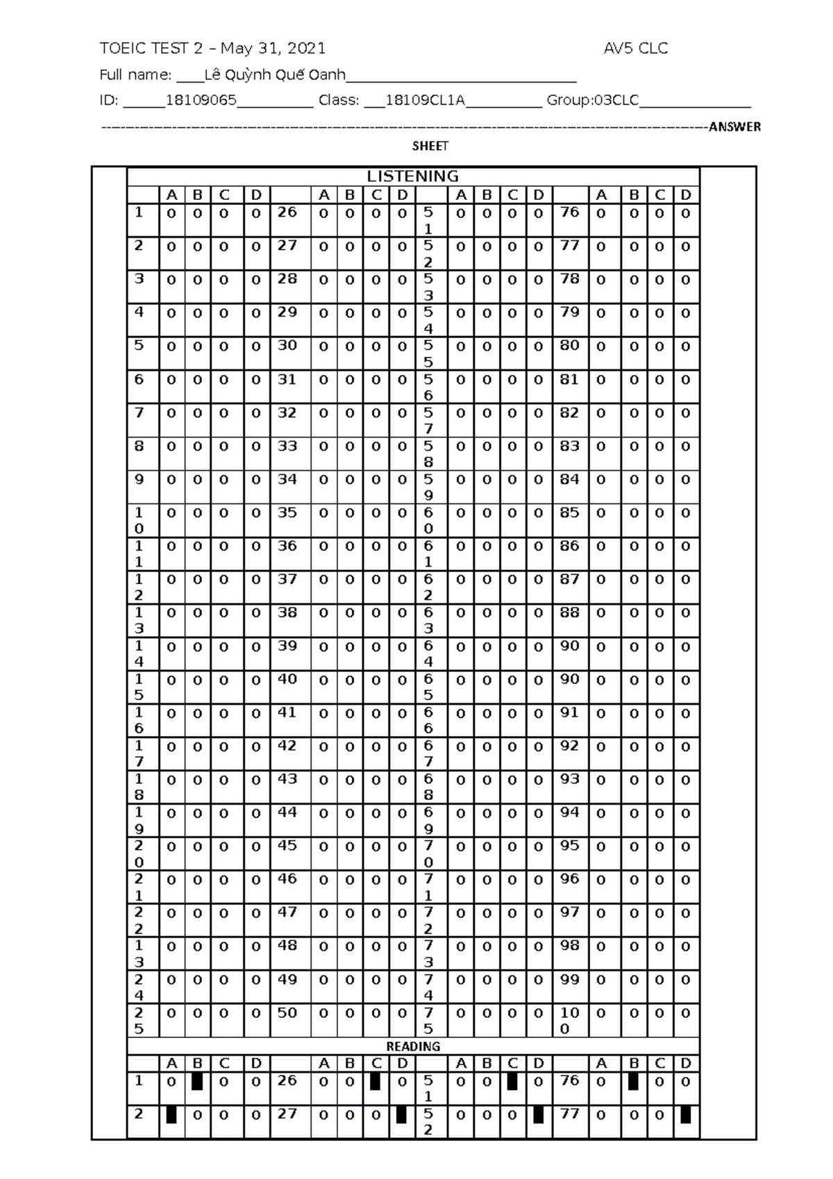 Answer Sheet for Toeic TEST 2 May 31st 2021 - TOEIC TEST 2 – May 31 ...