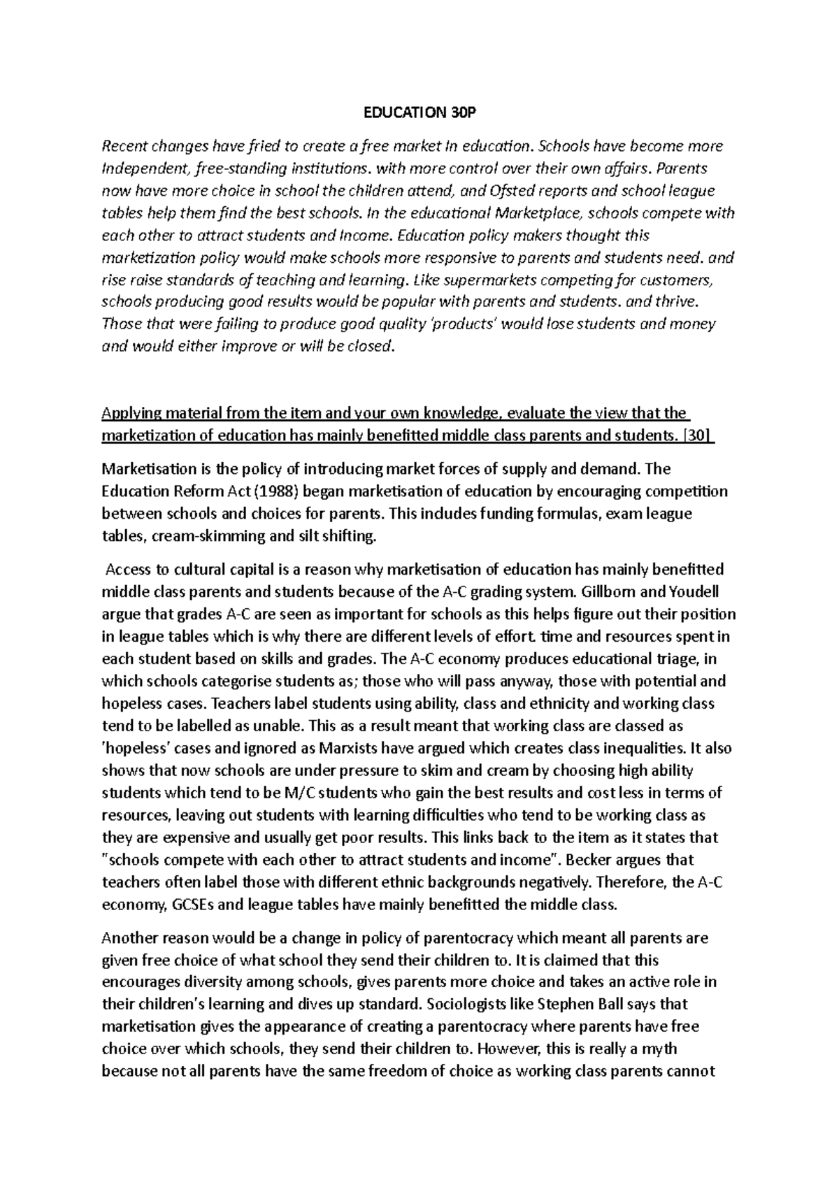 Evaluating Marketization in Education: Class Inequalities in 30P Exam ...