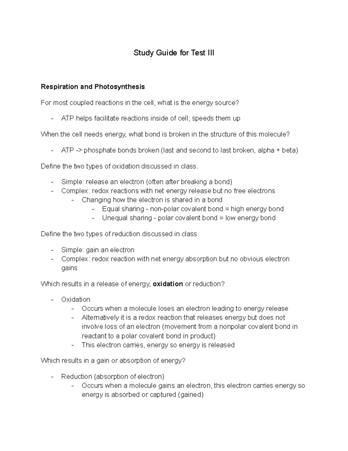 Cell bio exam 3 study guide - Study Guide for Test III Respiration and ...