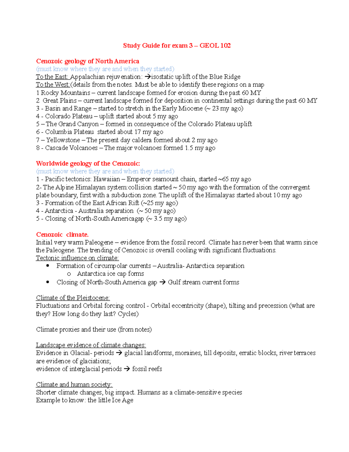 GEOL 102 Study Guide for Exam 3: Cenozoic Geology and Climate Insights ...