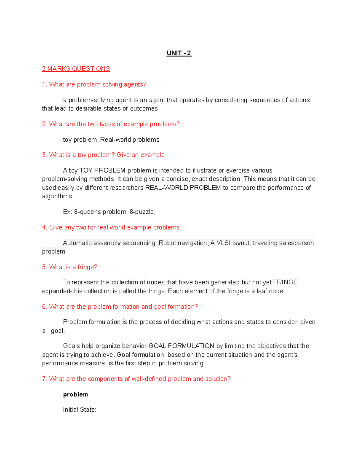 Unit 2 - Problem Solving Agents and Search Strategies Notes - Studocu