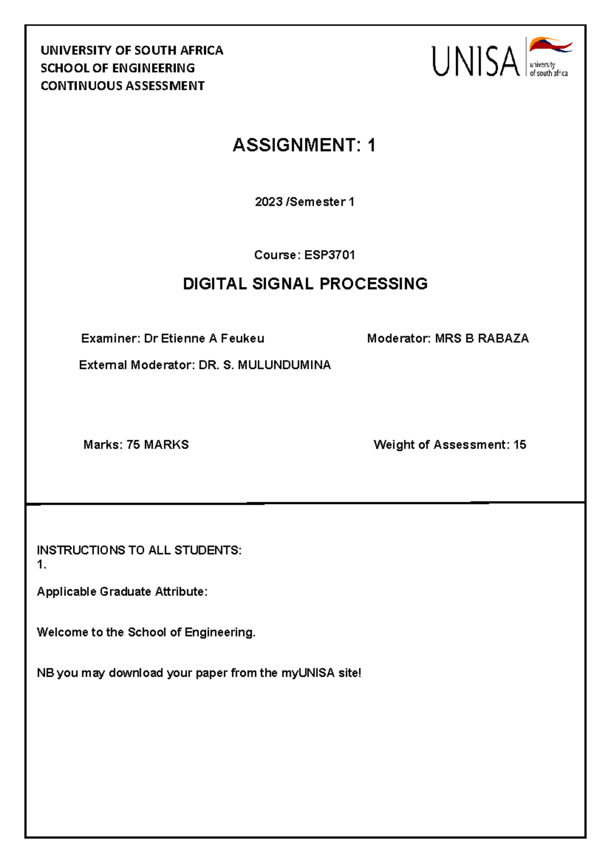 Esp3701 Digital Signal Processing Assignment 1 Guide 2023 Studocu