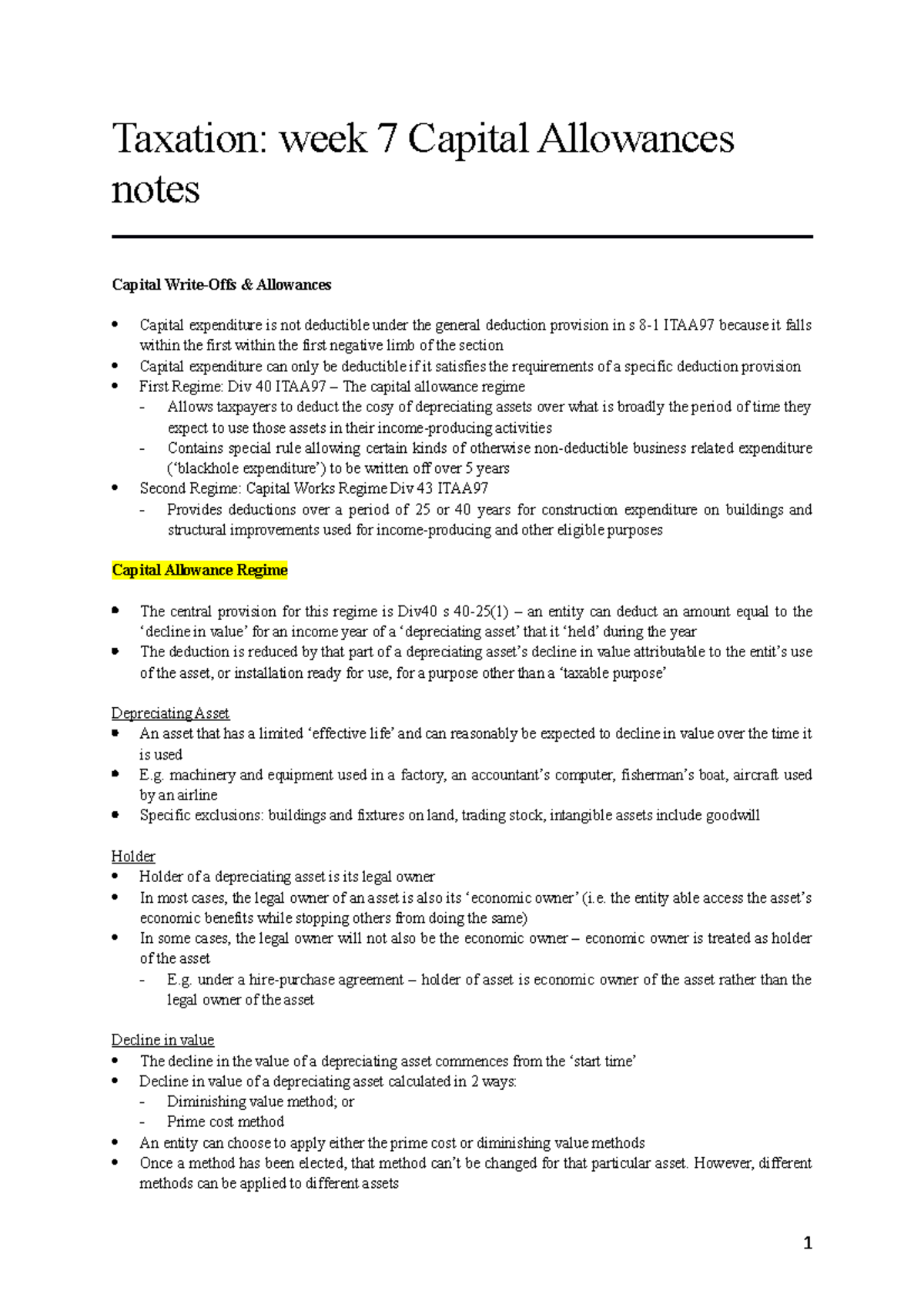 Taxation - Capital Allowances notes - Taxation: week 7 Capital ...