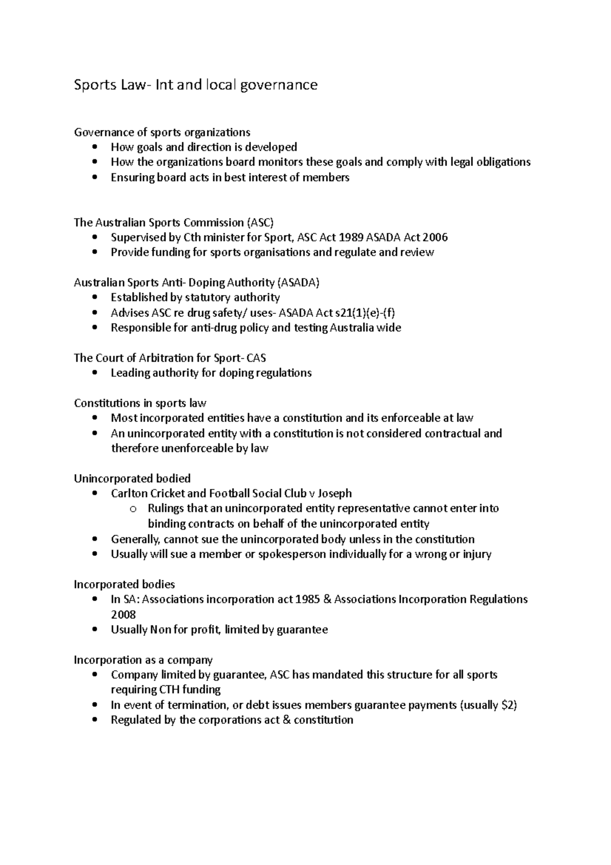 Sports Law Notes: Governance, Employment, and Doping Issues - Studocu