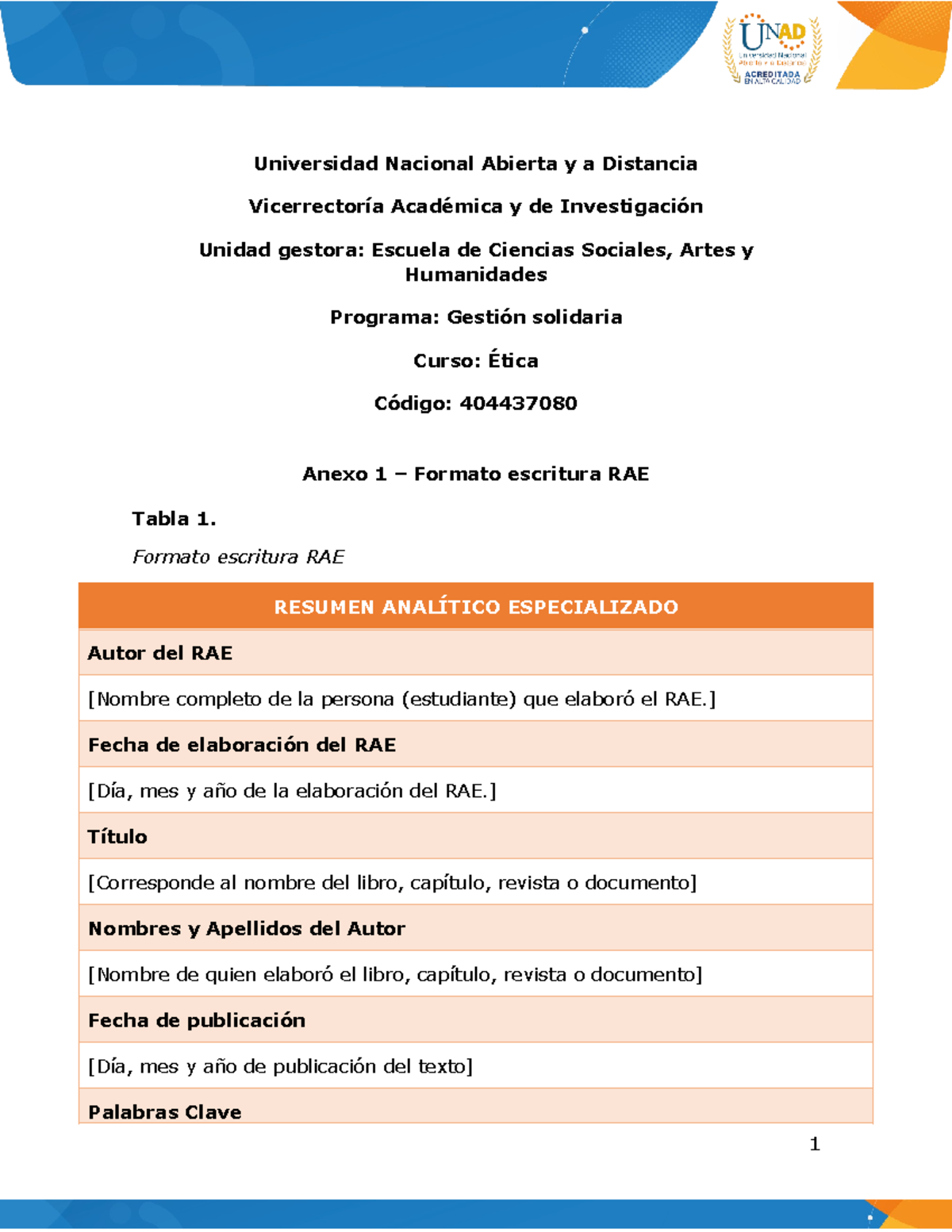 Formato RAE para Ética (Código: 404437080) - Anexo 1 - Studocu