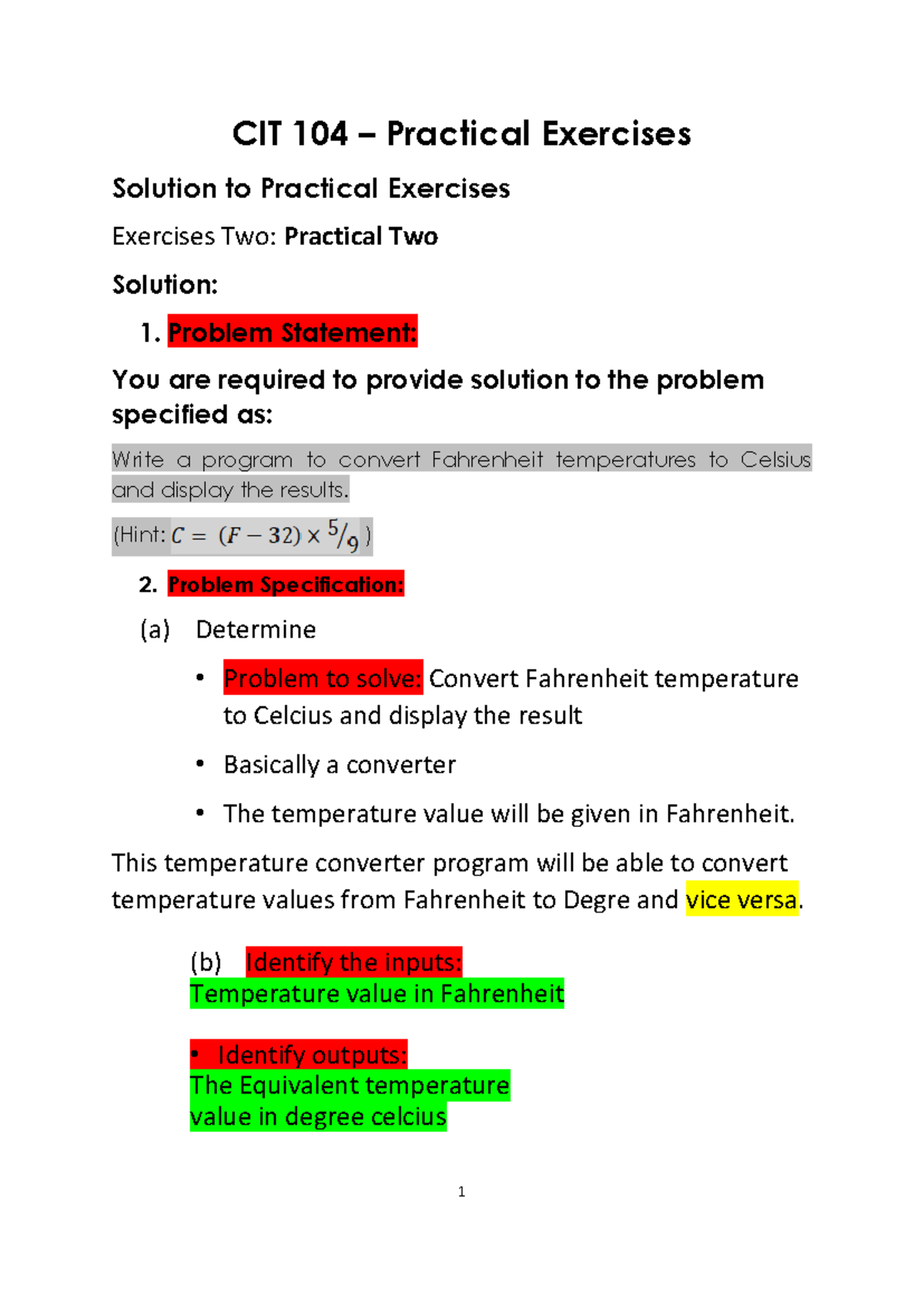 CIT 104 Practical Exercises: Solutions for Exercises Two & Three - Studocu
