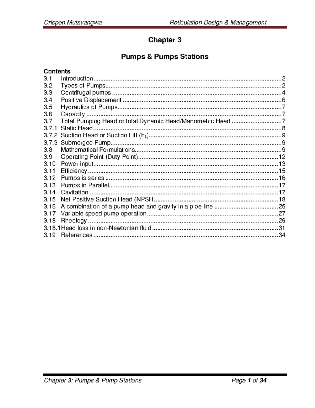 Reticulation Design Management (ENG 202) - Chapter 3: Pumps & Pump Stations - Studocu