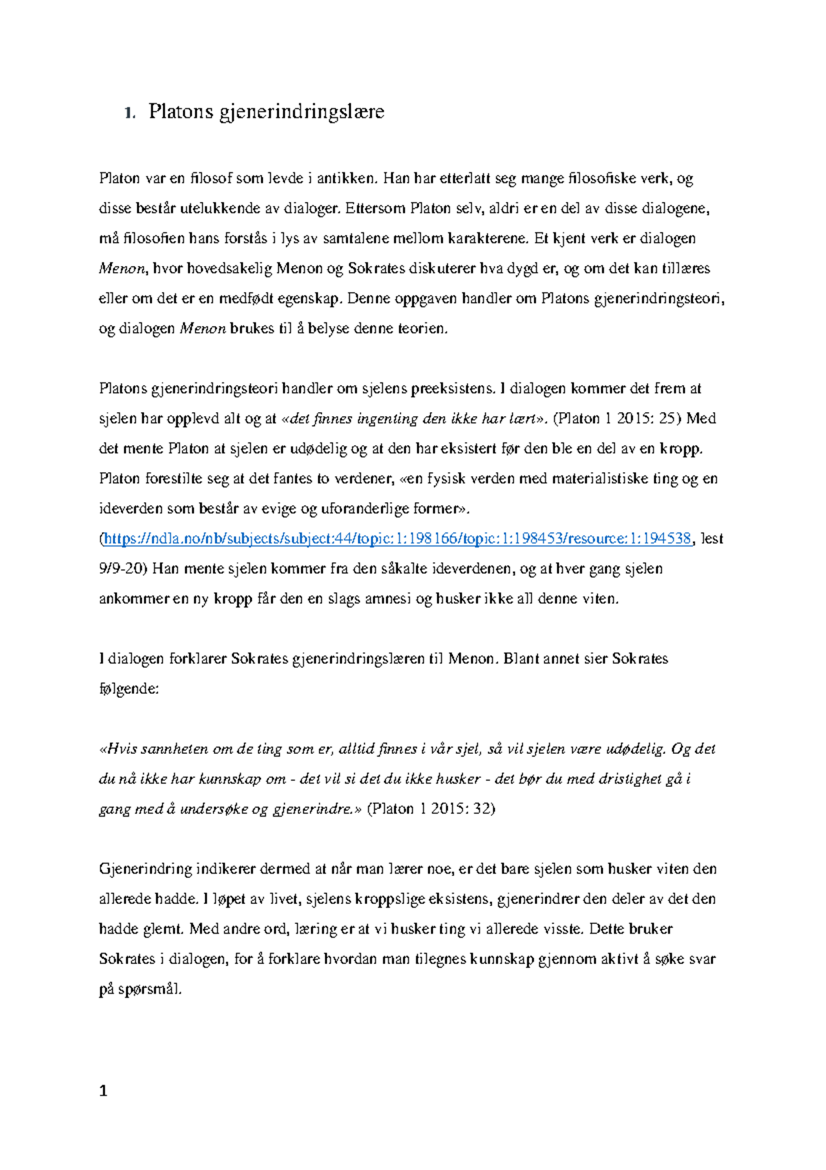 Platons gjenerindringslære, Analyserende tekst, 1. obligatoriske oppgave, Exphil - 1. Platons ...