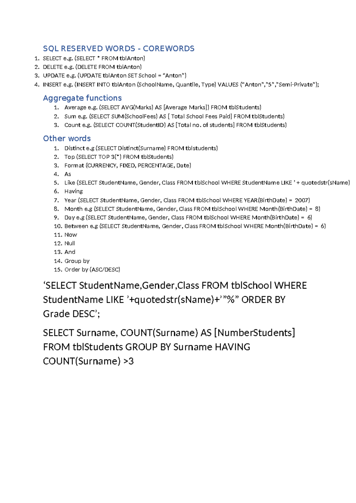 SQL Reserved Words and Core Functions Guide - Studocu
