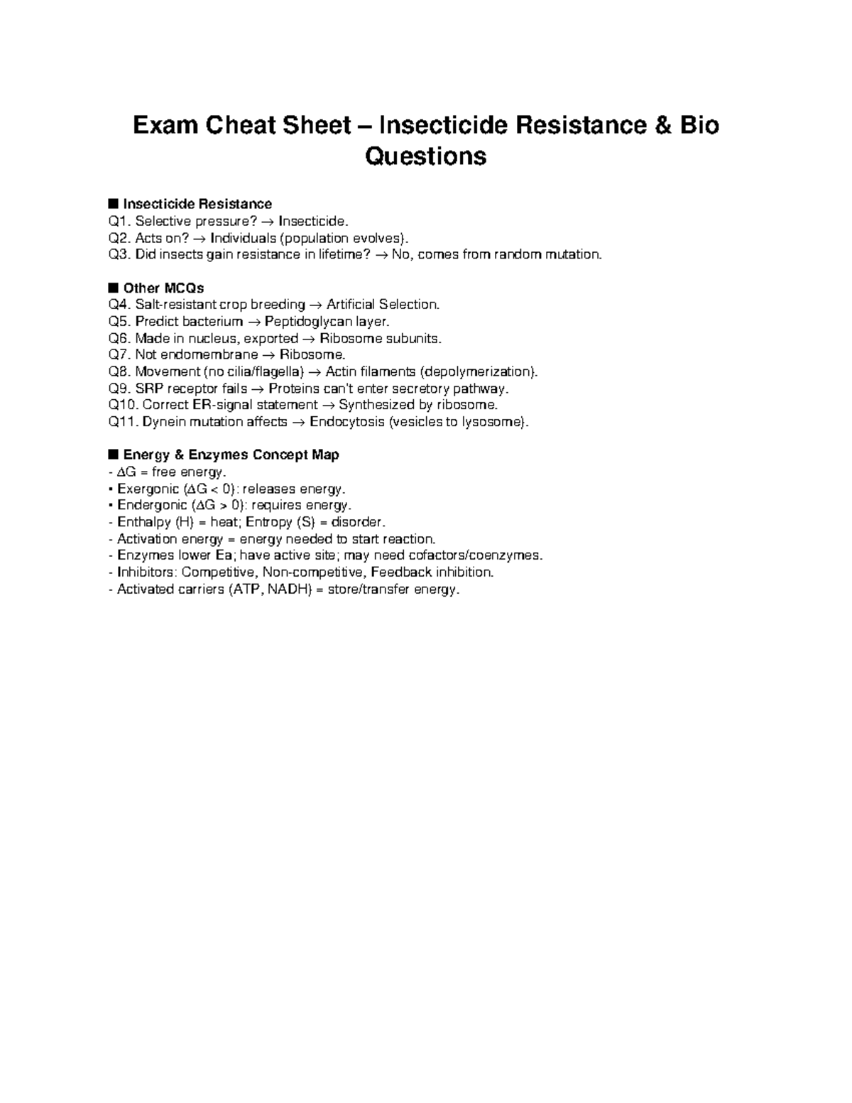 Exam Notes Cheat Sheet: Insecticide Resistance & Enzyme Concepts - Studocu