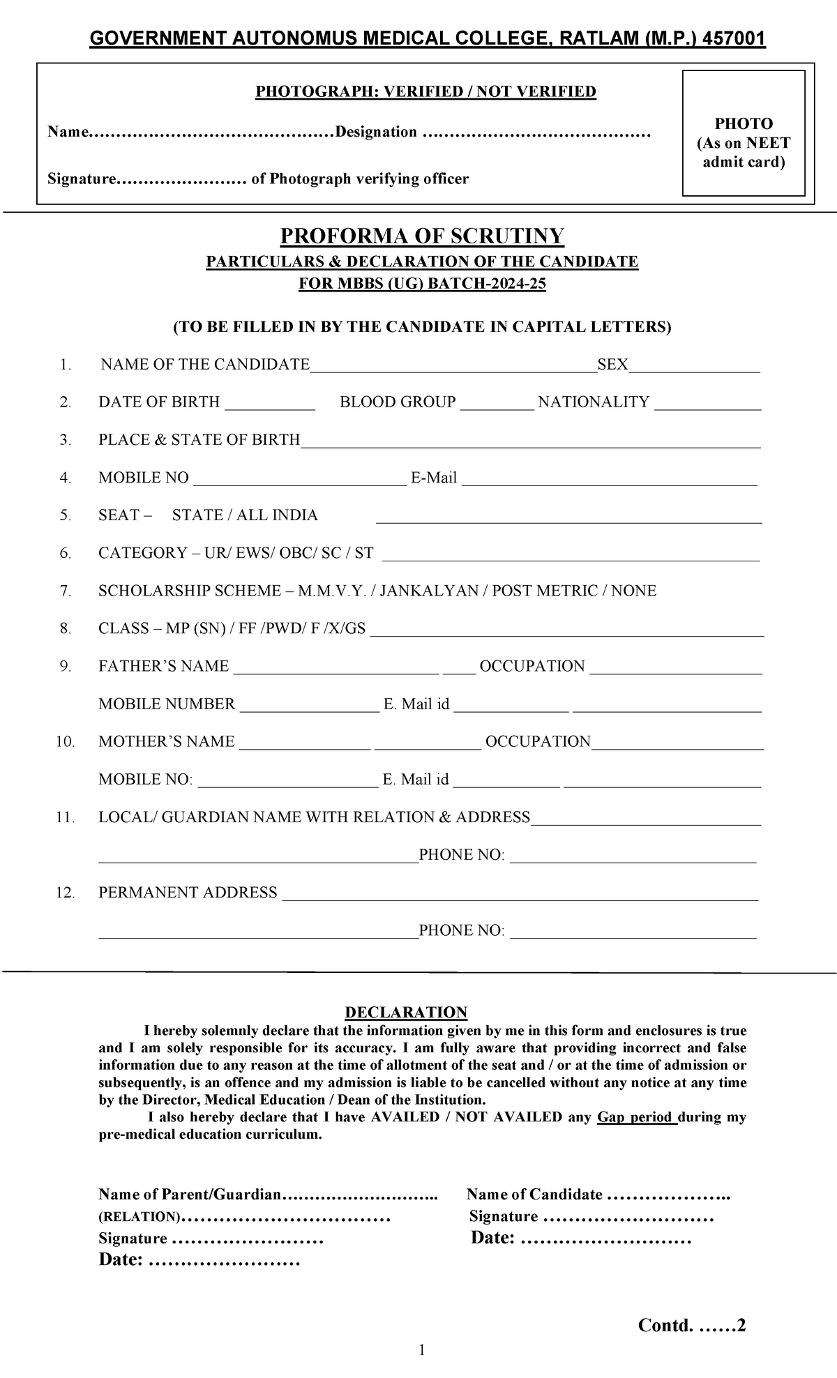 UG Proforma Scrutiny for MBBS Batch 2024 - Medical College Ratlam - Studocu