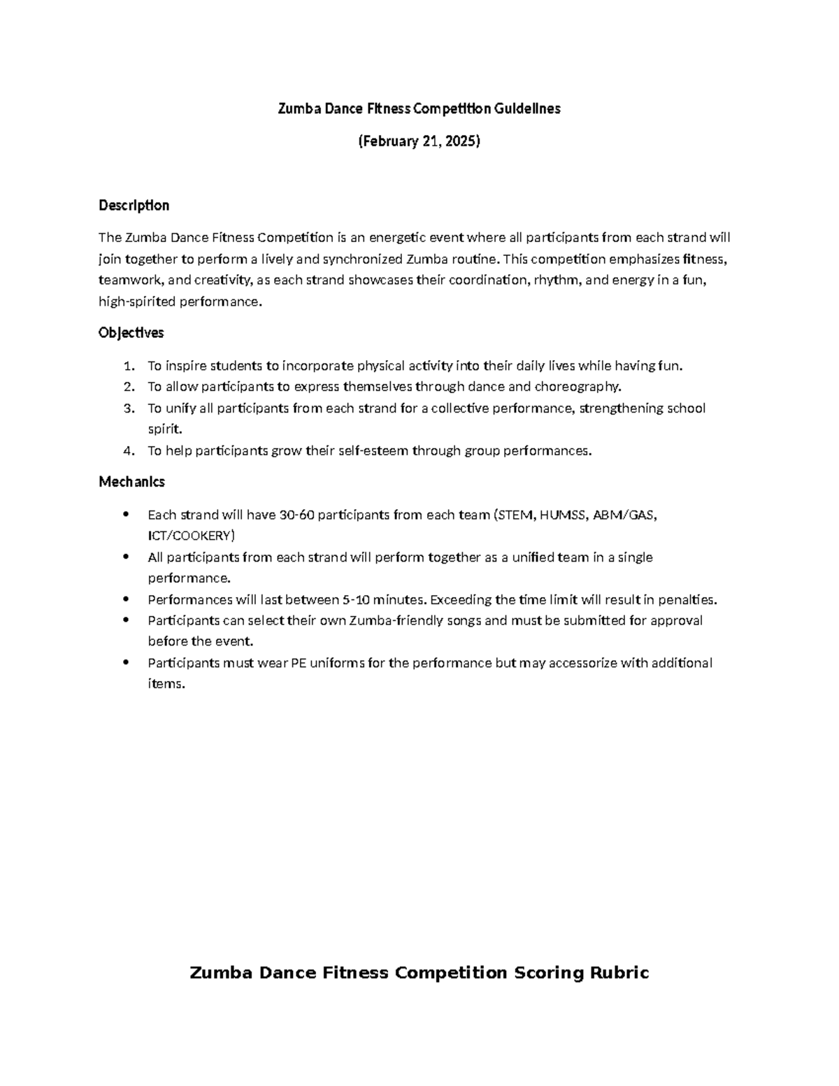 SHS DAYS Zumba Dance Fitness Competition Guidelines and Criteria ...