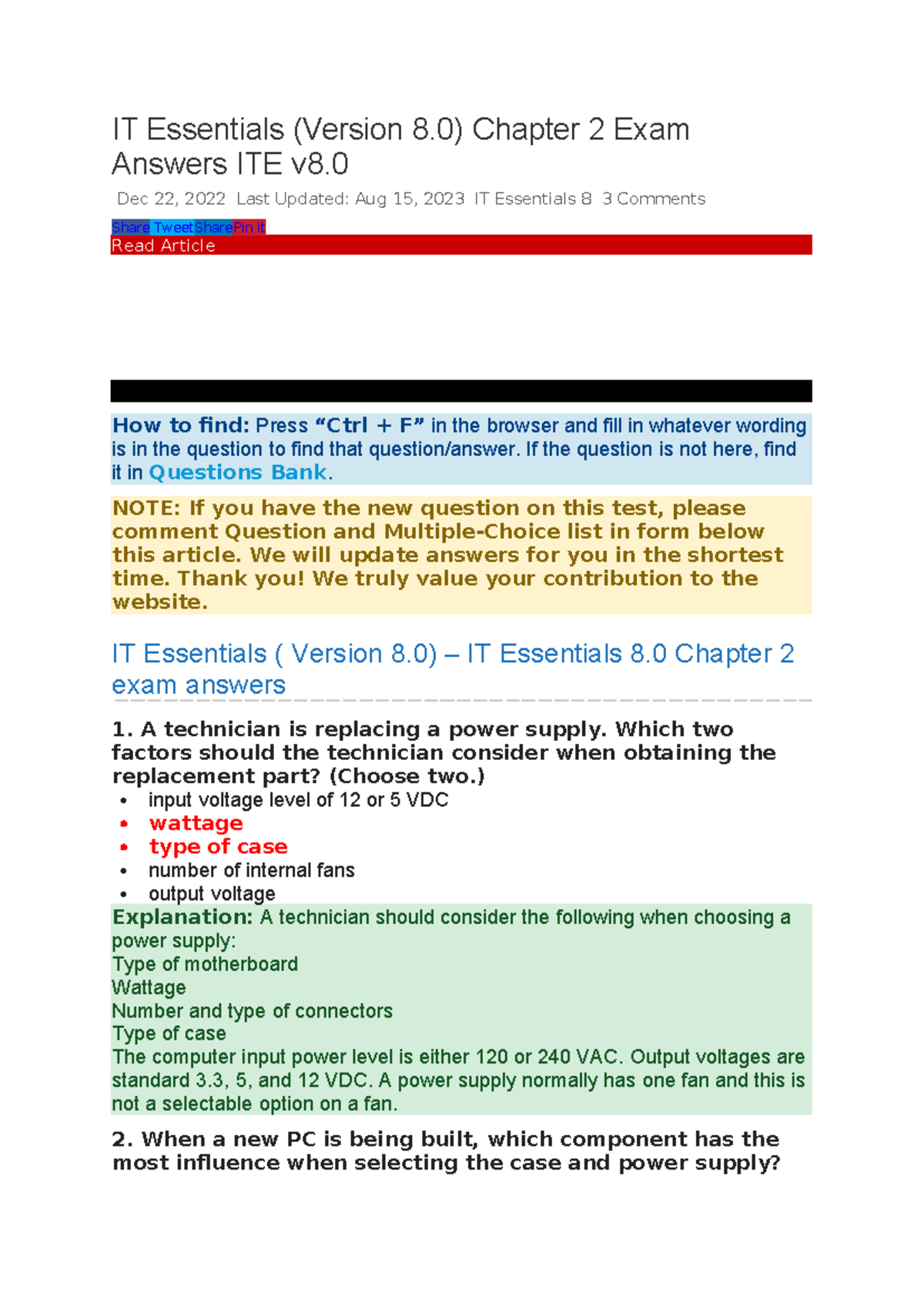 IT Essentials 8 Chapter 2 Exam Answers and Explanations - Studocu