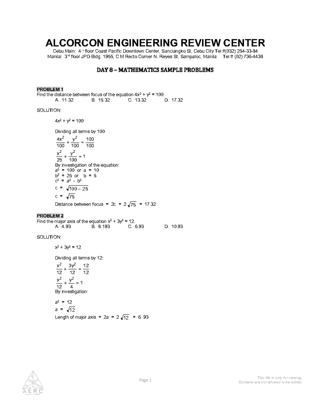 Sample Problems for Math Day 8: ALCORCON Engineering Review - Studocu