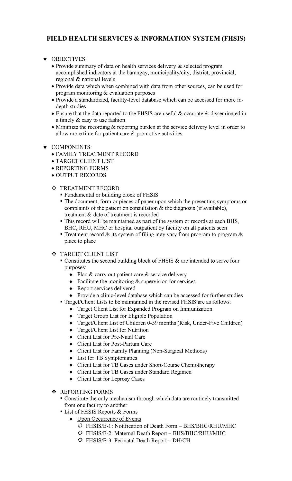 CHN-FHSIS Objectives and Components Overview - Studocu