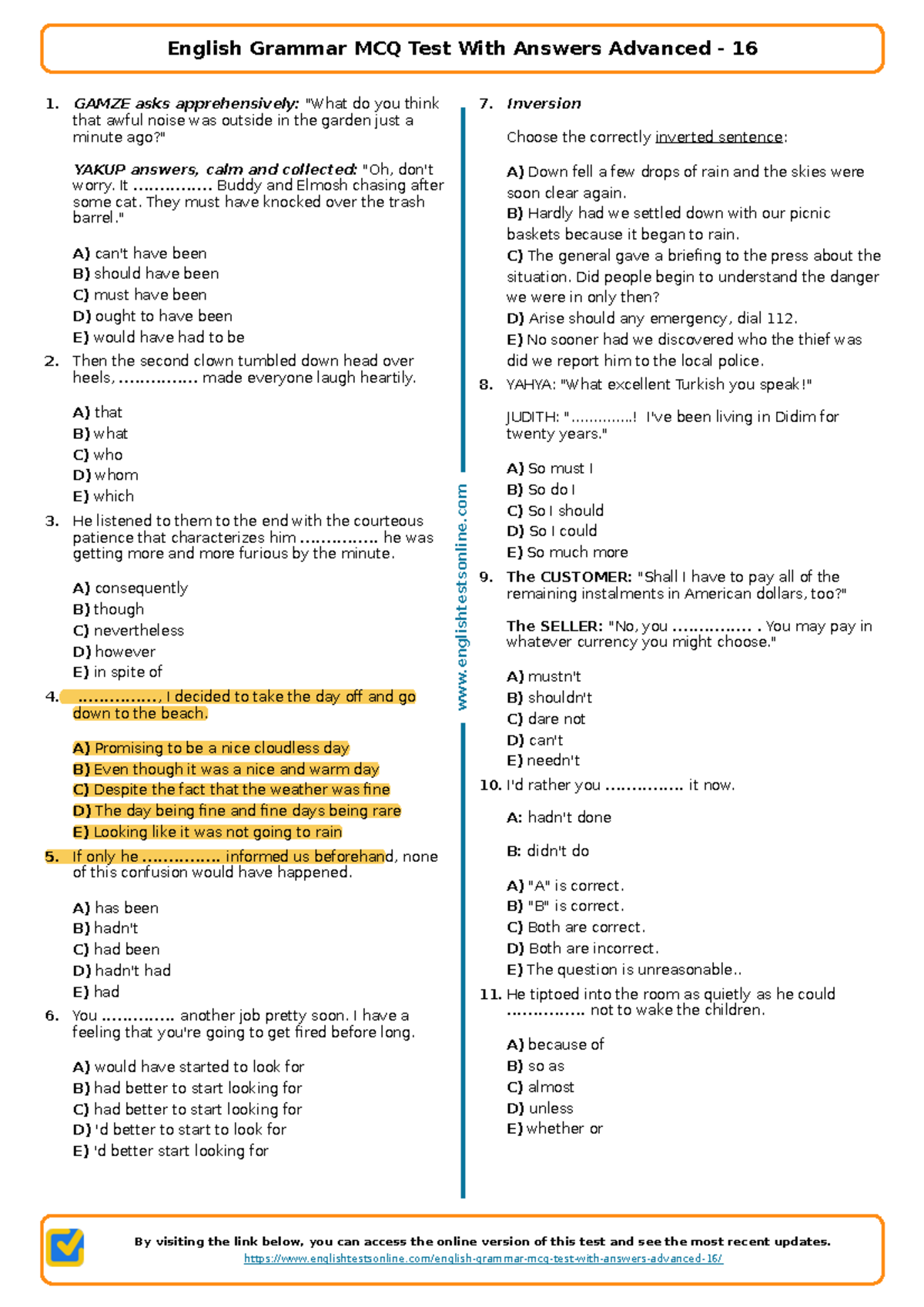 English Grammar MCQ Test with Answers - Advanced Level 16 - Studocu