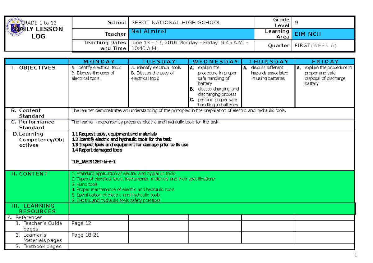 JUNE - fsdfsdf - GRADE 1 to 12 DAILY LESSON LOG School SEBOT NATIONAL ...
