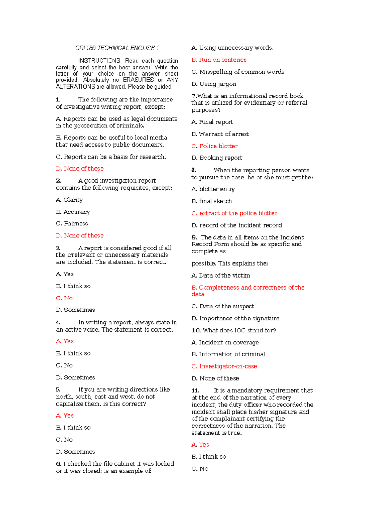CRI 186 Technical English 1: Investigative Writing Exam Guide - Studocu