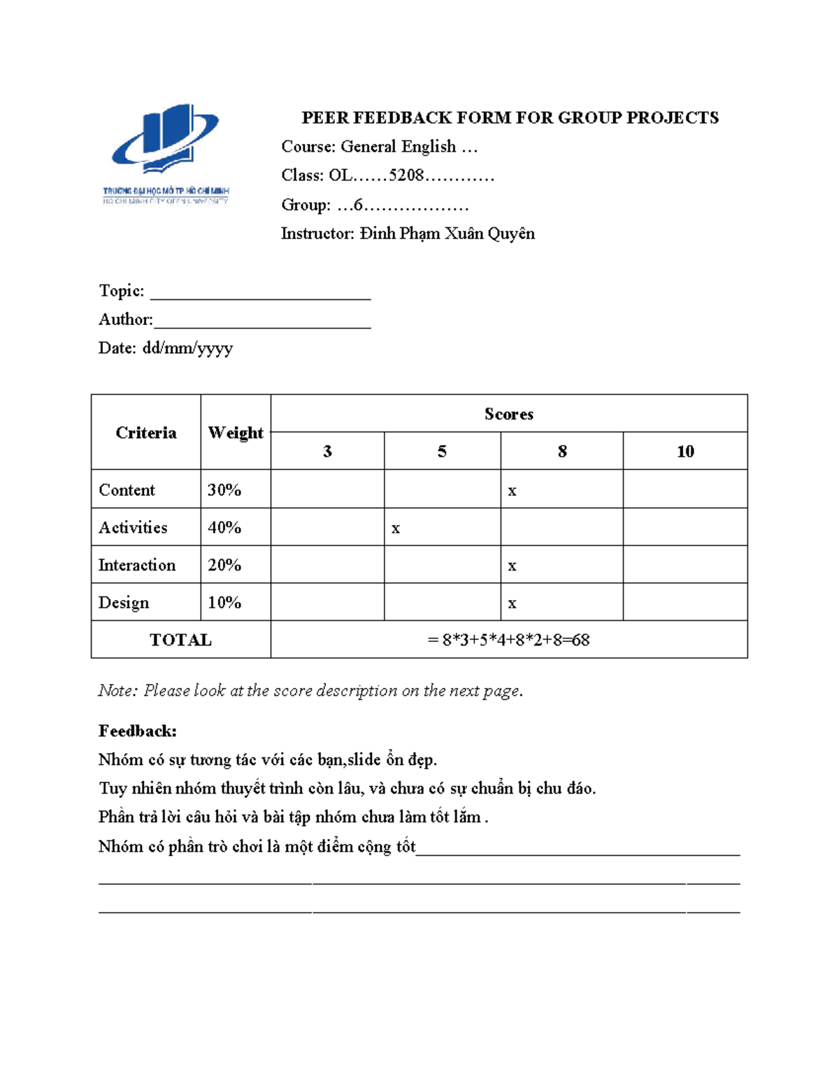 PEER FEEDBACK FORM FOR GROUP PROJECTS - General English - Studocu