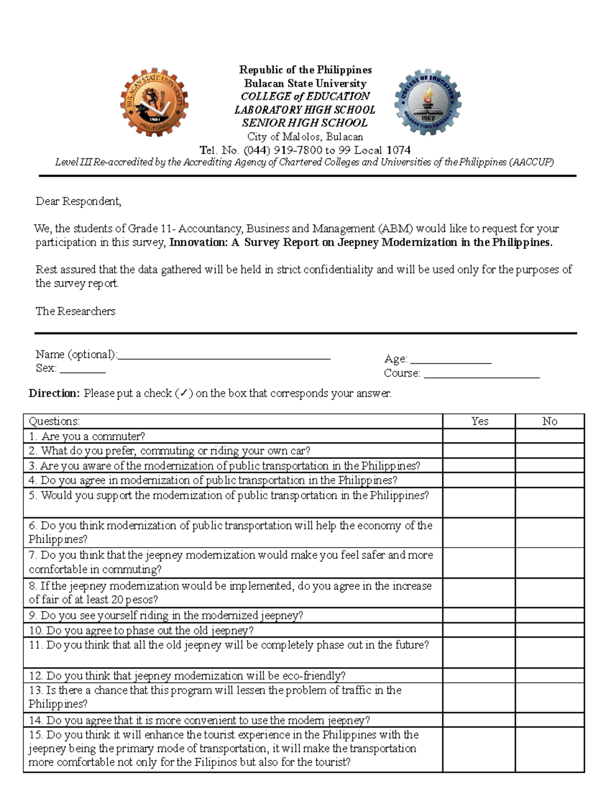 ABM 11 Innovation: Jeepney Modernization Survey Questionnaire - Studocu
