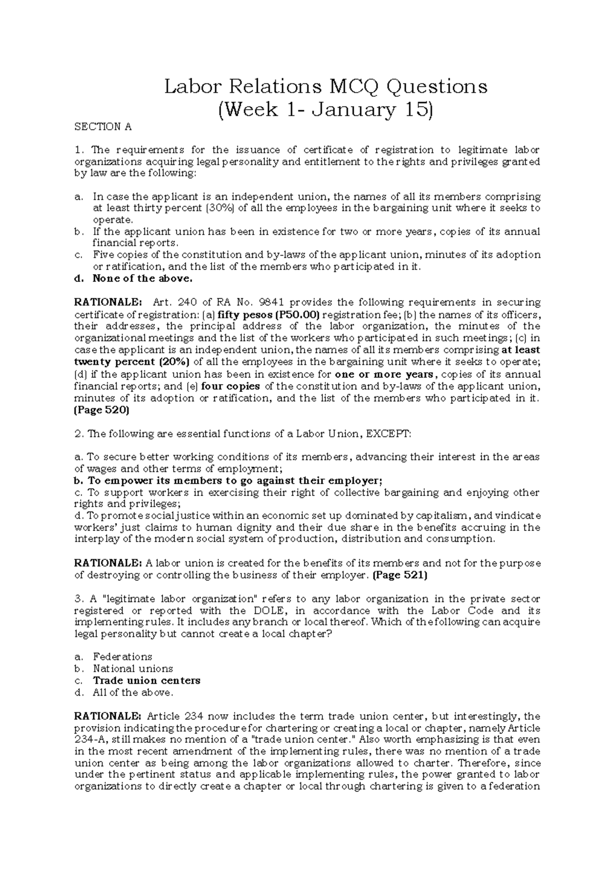 Labor Relations MCQs Quiz 1 (Week 1 - Jan 15) - Studocu
