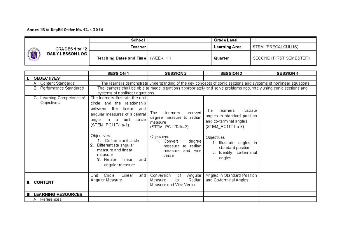 DLL Pre Calculus 2nd quarter - Annex 1B to DepEd Order No. 42, s. 2016 GRADES 1 to 12 DAILY ...