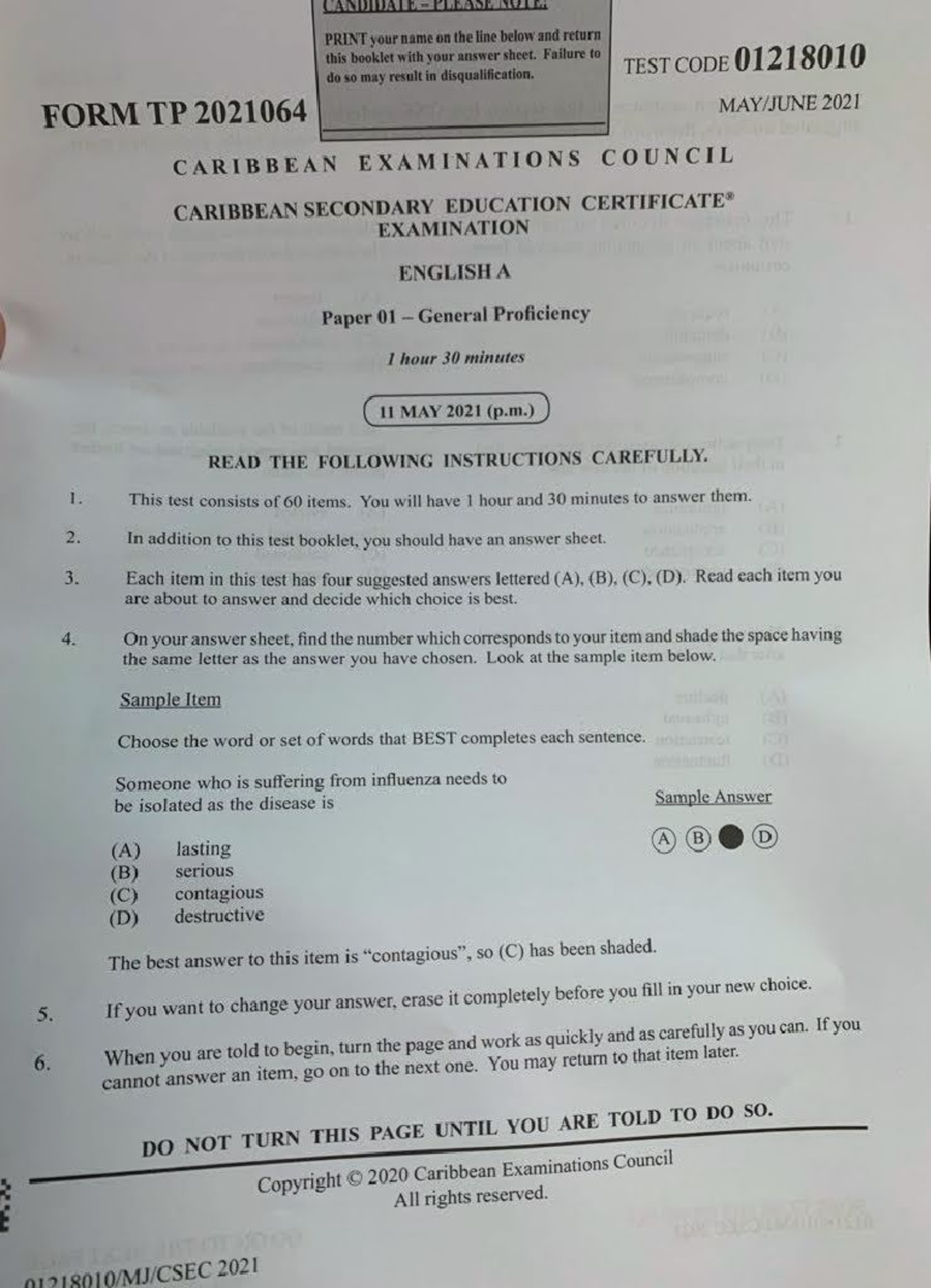 CSEC English A Paper 01 2021 General Proficiency Test Instructions ...