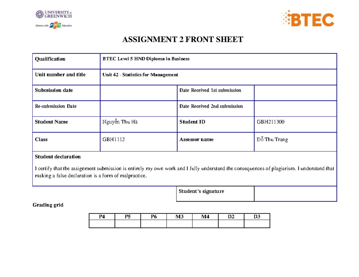 57120 Assignment 02 - ASSIGNMENT 2 FRONT SHEET Qualification BTEC Level 5 HND Diploma in ...