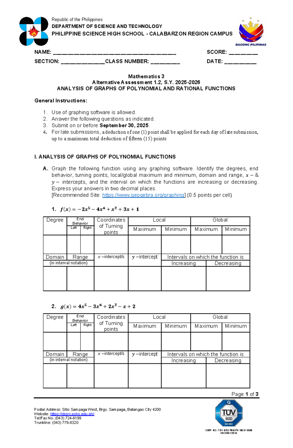 Mathematics 3 Alternative Assessment 1.2: Graph Analysis (AY 2025-2026 ...