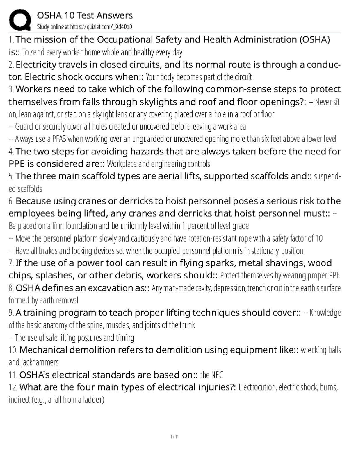 OSHA 10 Test Answers: Comprehensive Study Guide for Safety Training ...