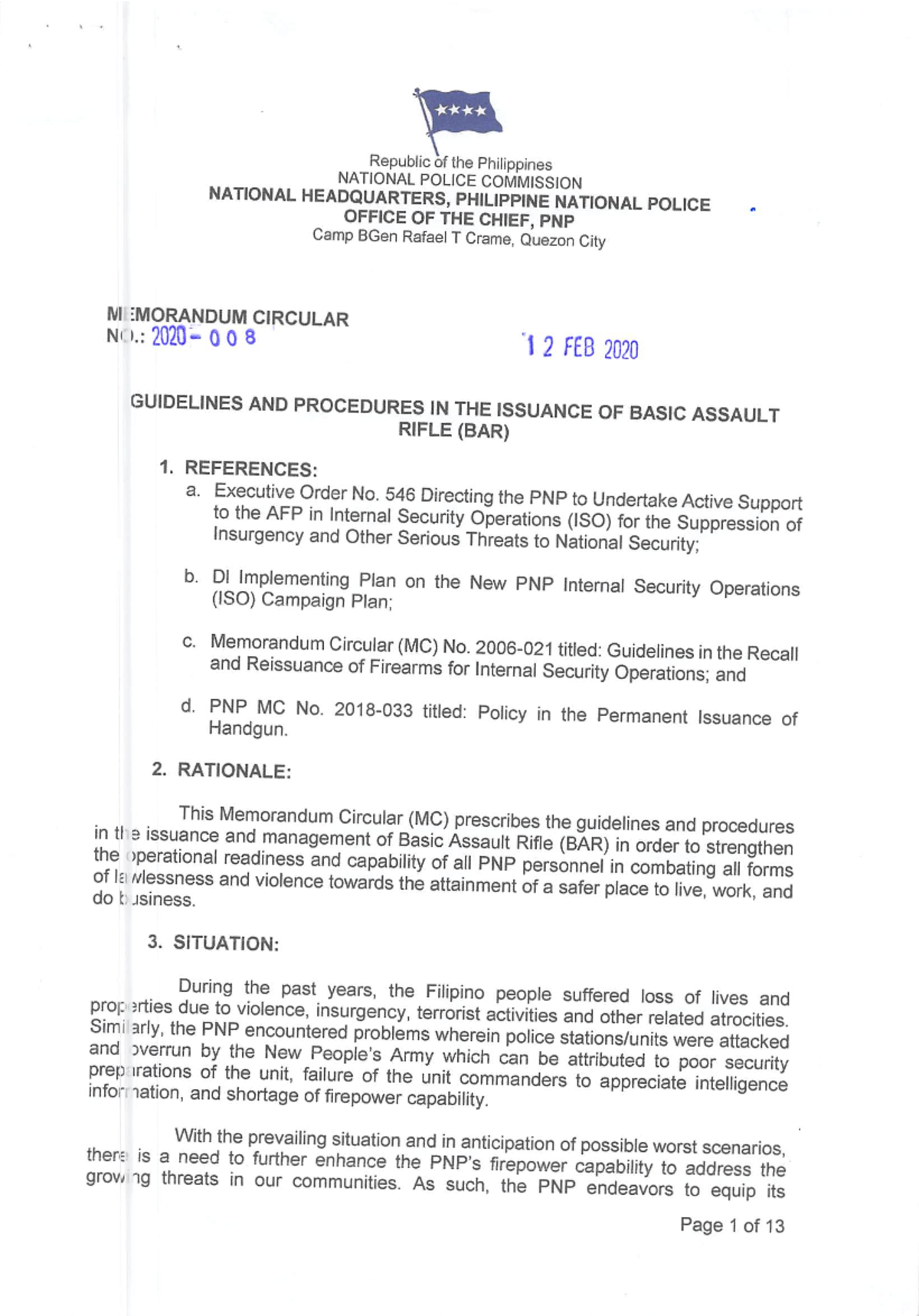 PNP MC NO. 12-2020: Guidelines for Issuance of Basic Assault Rifle (BAR ...