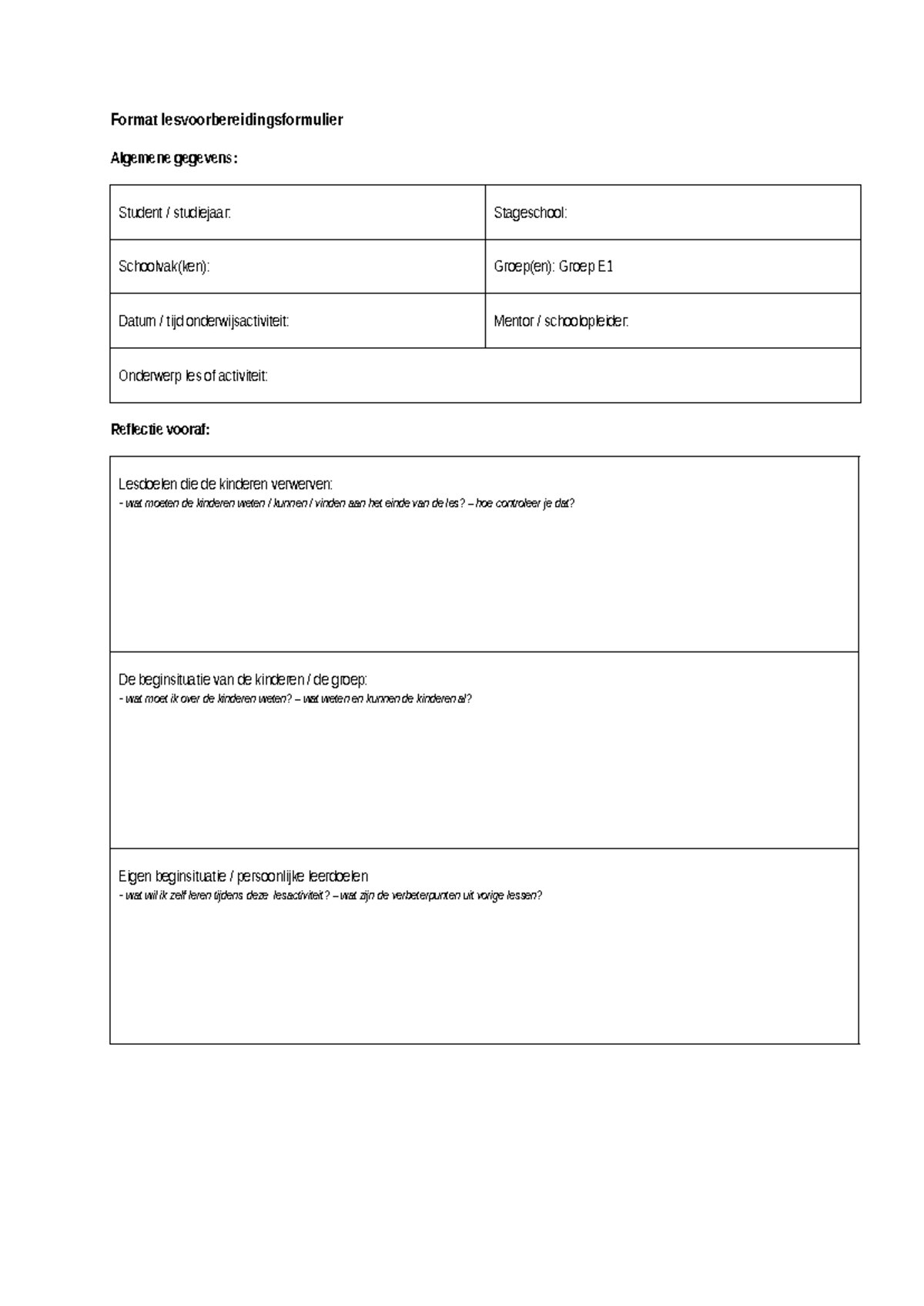 LVF blanco - Lesvoorbereidingsformulier Groep E en Reflectie Activiteit - Studeersnel